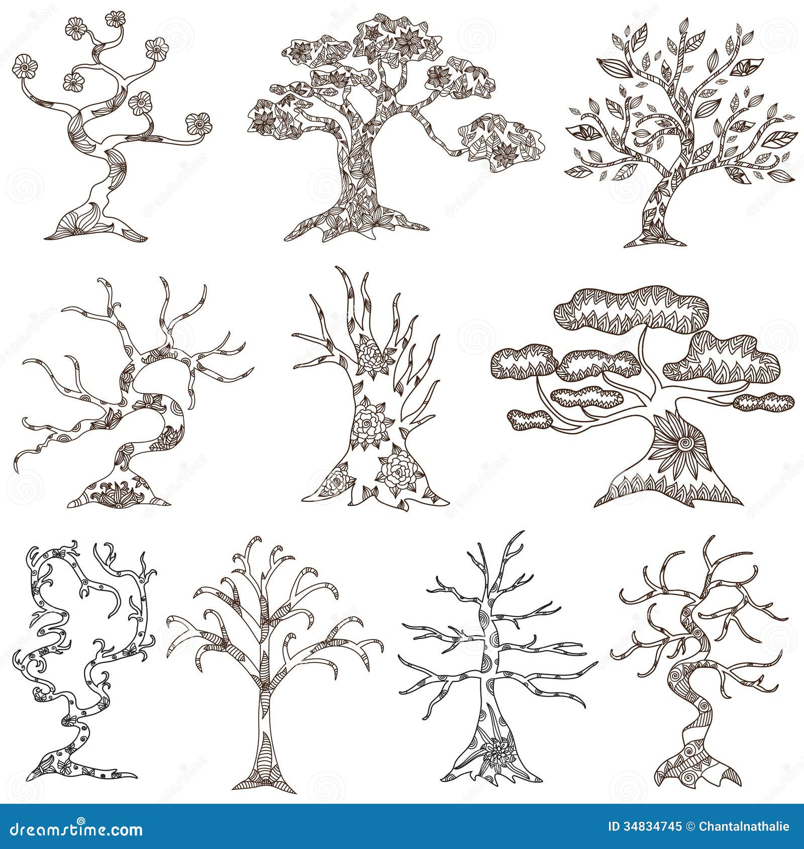 Set of 10 decorative trees stock vector. Illustration of graphic - 34834745