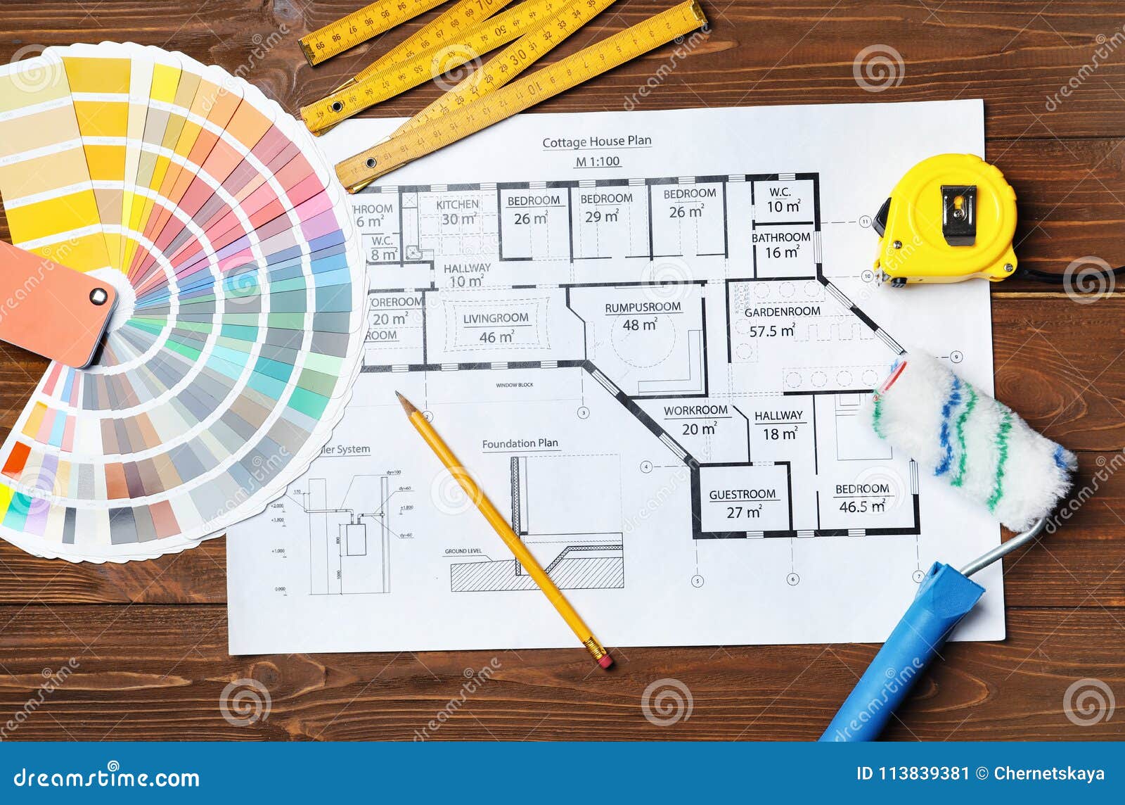 Set of Decorator`s Tools and Project Drawing Stock Image - Image of ...