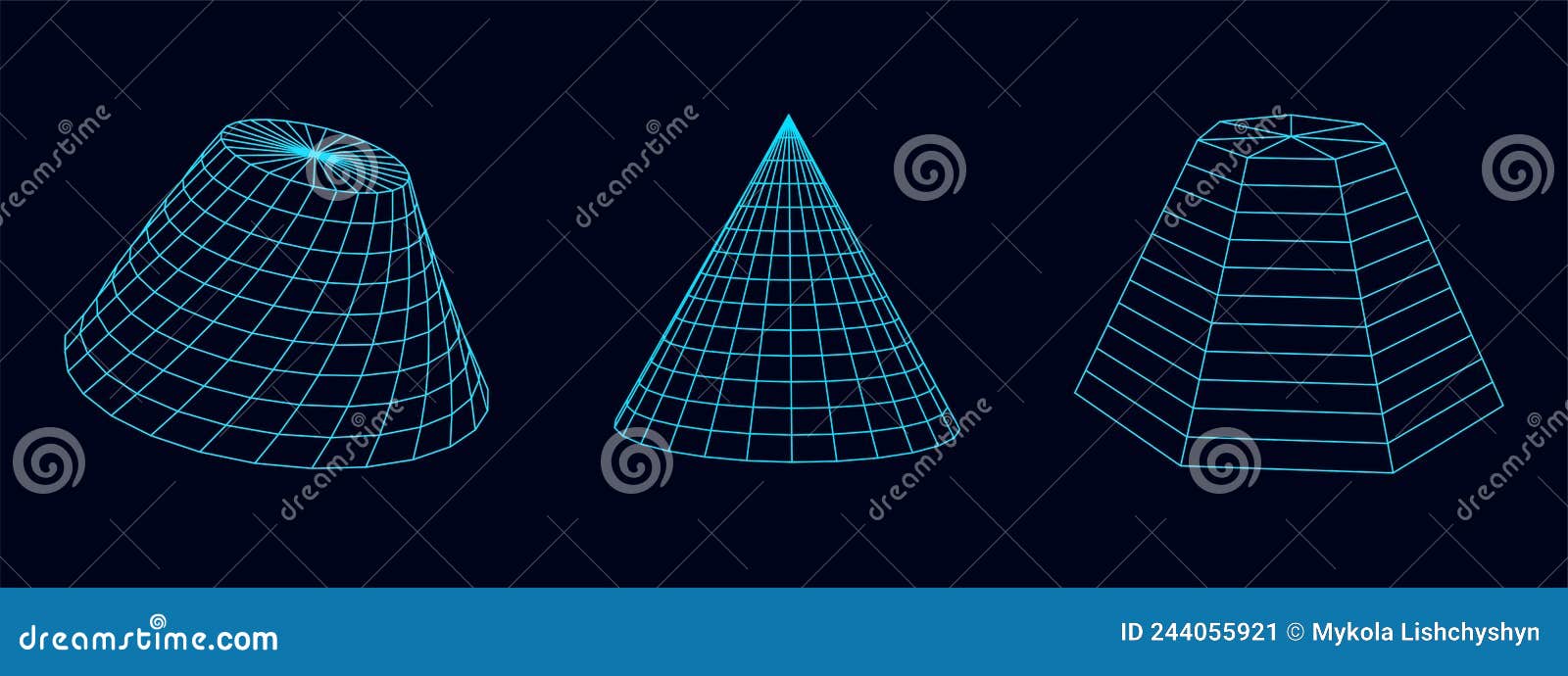 Set of Deformed Wireframe Cones from Different Sides. Vector Abstract Geometric 3D Objects Stock ...