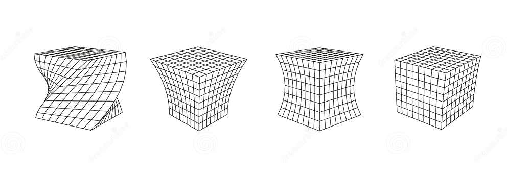 Set of Deformed Wireframe Cube from Different Sides. Vector Abstract ...