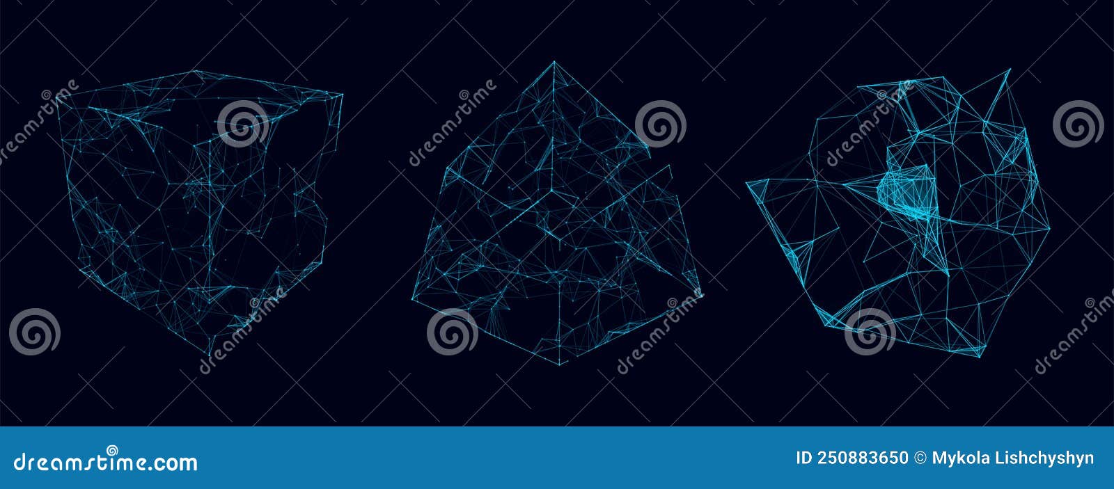 Set Of Deformed Wireframe Cones From Different Sides. Vector Abstract ...