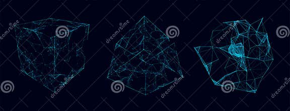 Set of Deformed Wireframe Cube from Different Sides. Vector Abstract ...