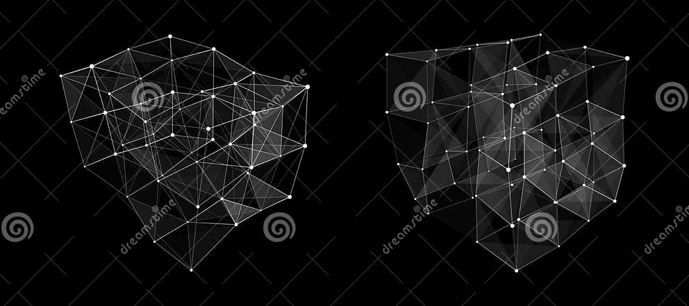 Set of Deformed Wireframe Cube from Different Sides. Vector Abstract ...