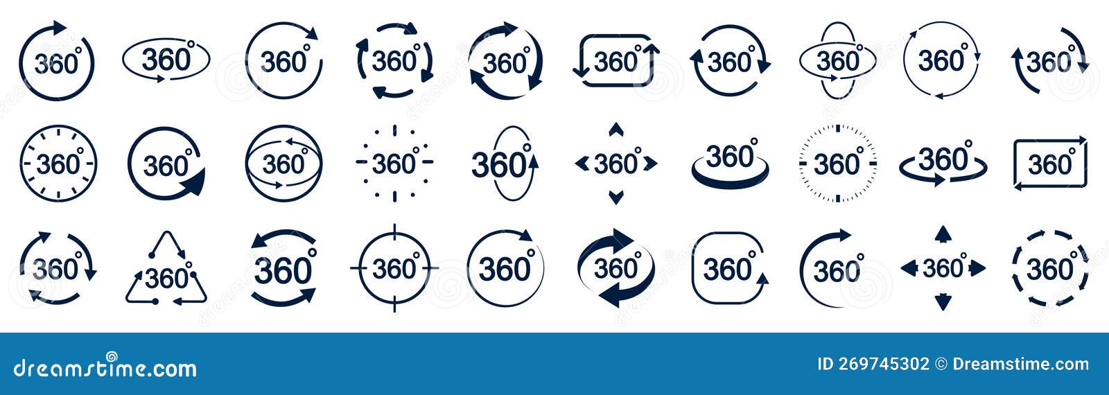 Set 360 Degrees View Sign, Icons with Arrows To Indicate the Rotation ...