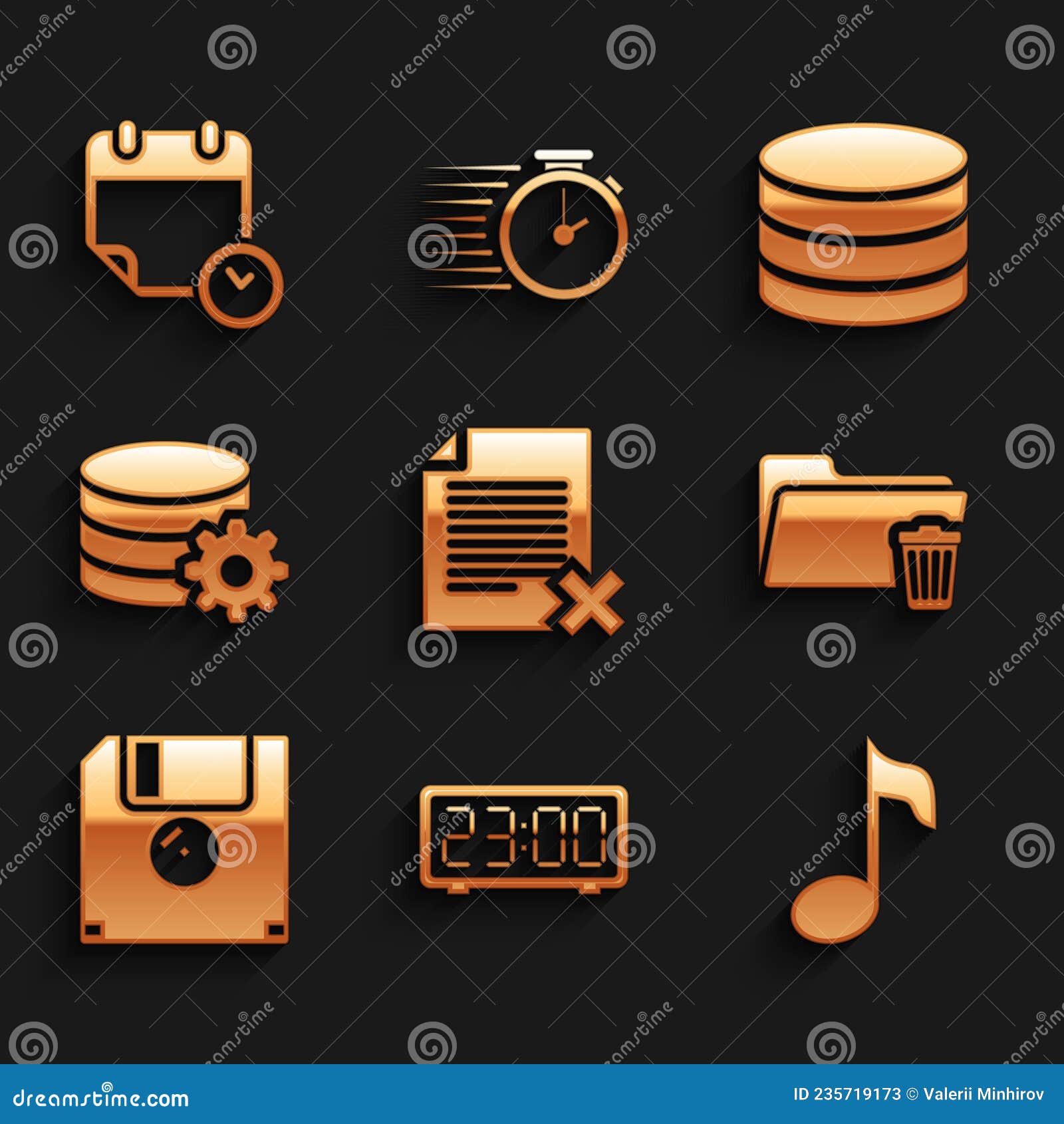 Set Delete File Document, Digital Alarm Clock, Music Note, Tone, Folder, Floppy Disk and Setting ...
