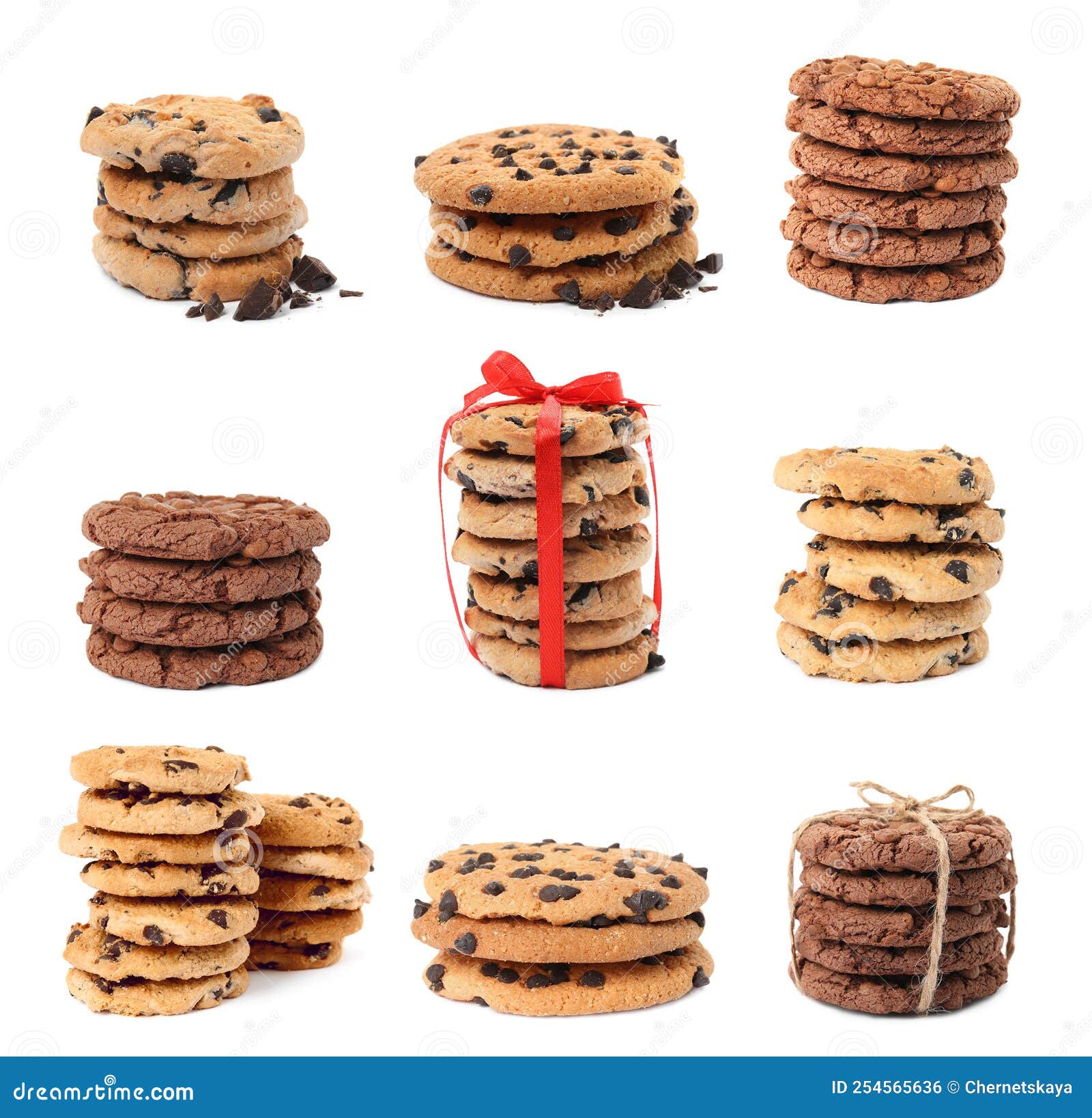 Set with Delicious Chocolate Chip Cookies on White Background Stock ...
