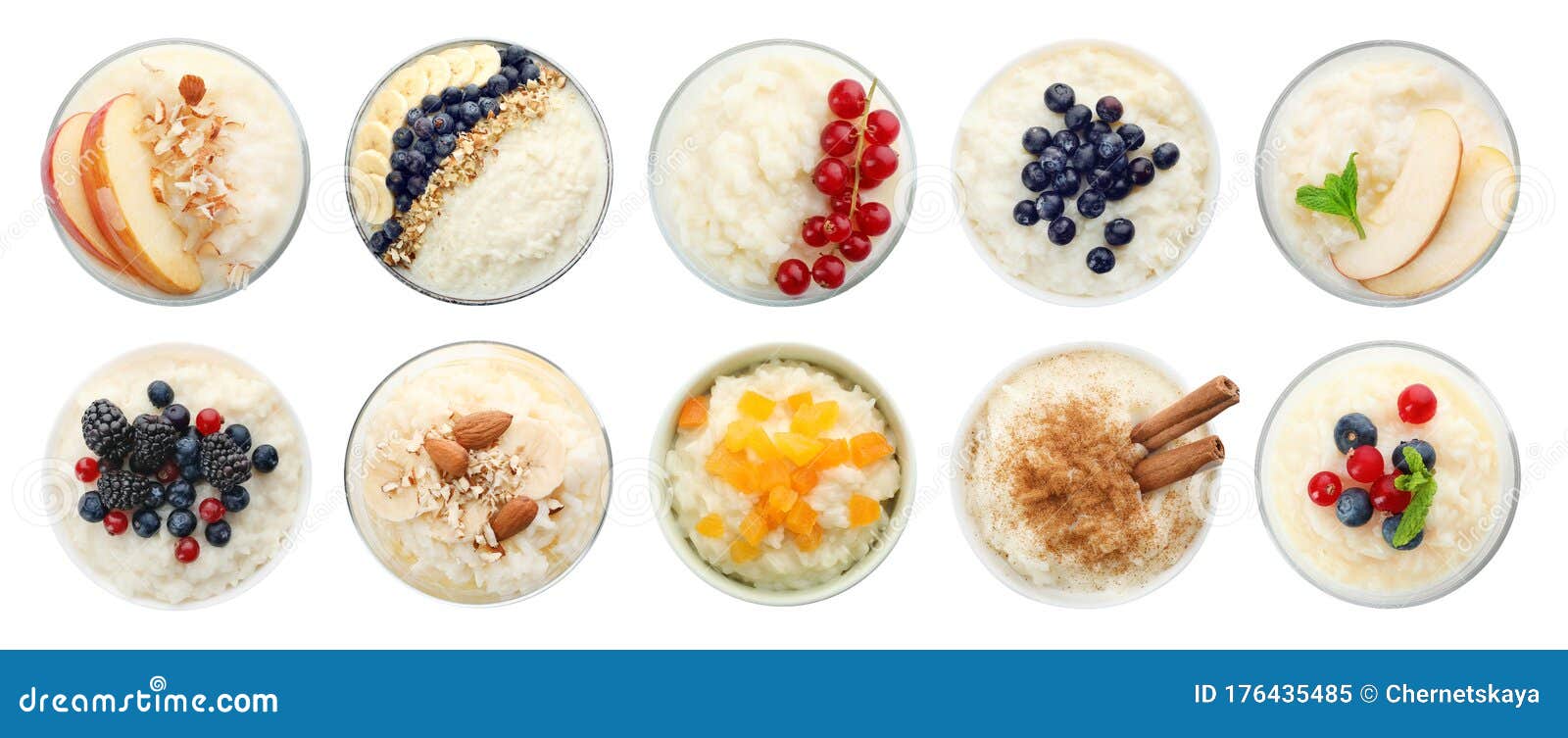 Set of Delicious Rice Puddings on Background, Top View Stock Image ...