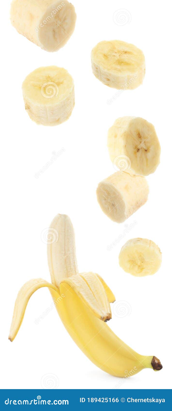 Set with Delicious Ripe Banana and Pieces Falling on Background Stock ...