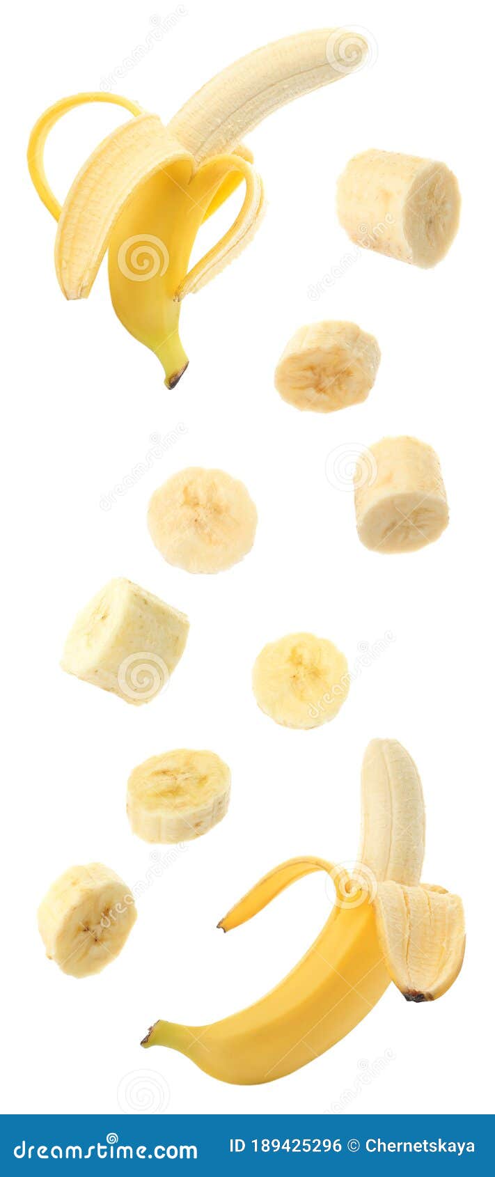 Set with Delicious Ripe Bananas and Pieces Falling on Background Stock ...