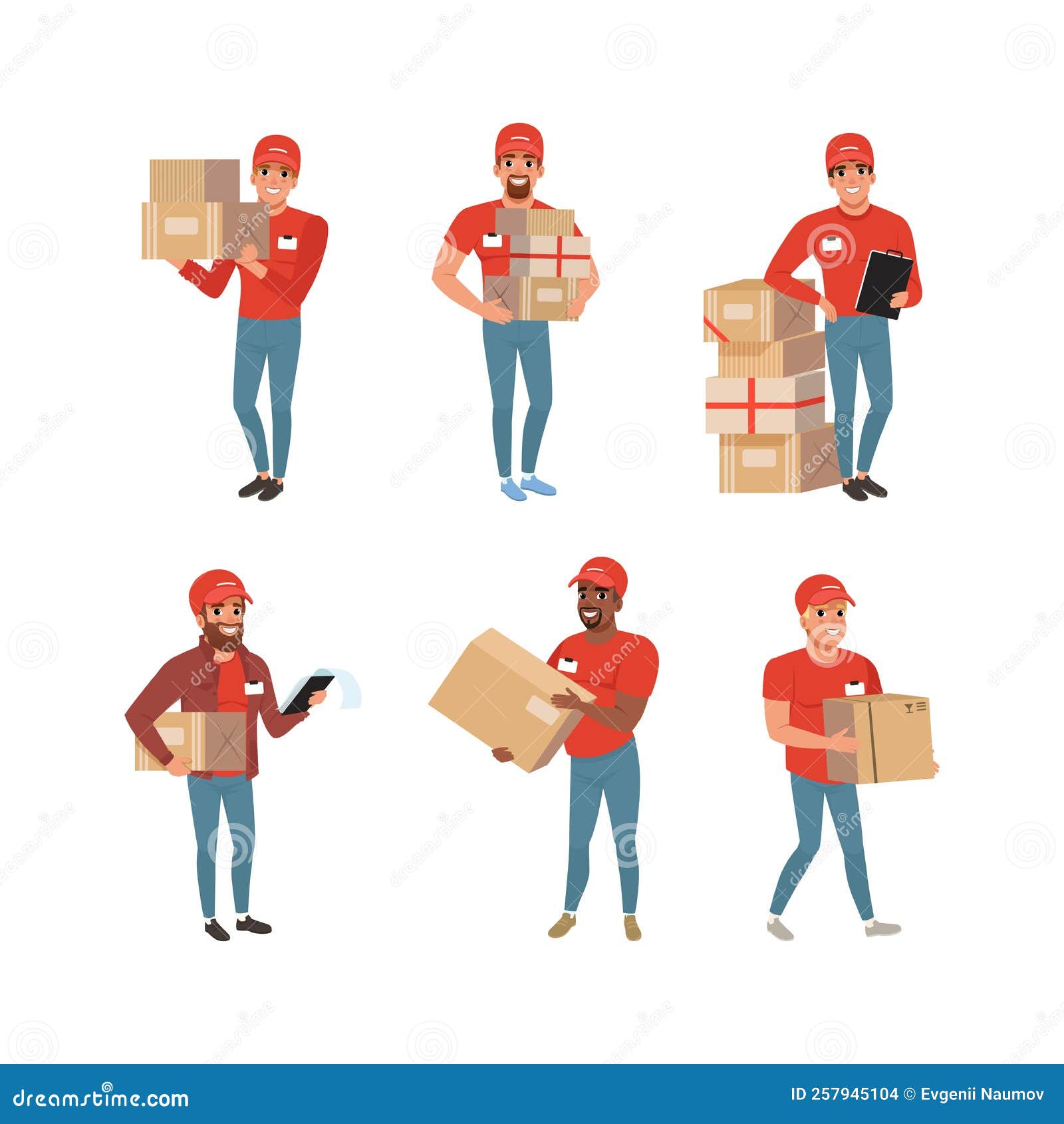Set Of Deliverymen With Cardboard Boxes In Hands Couriers Delivery