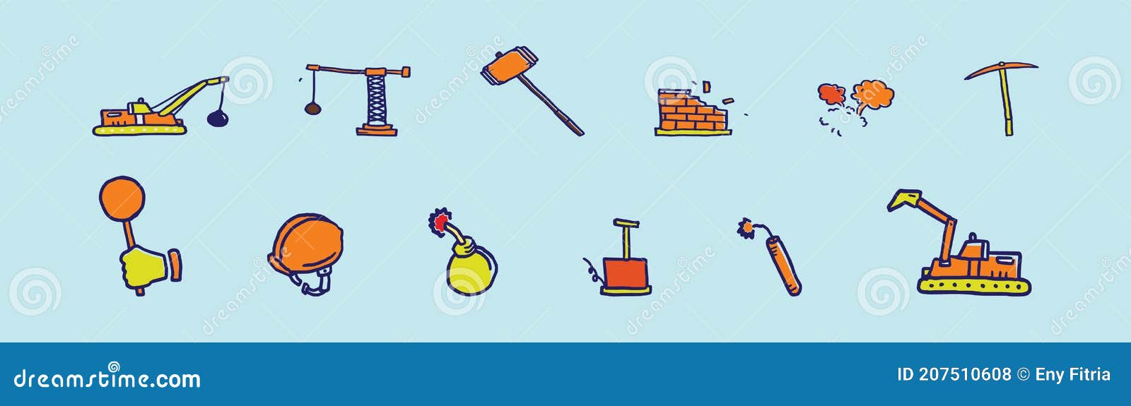Set of Demolition Cartoon Icon Design Template with Various Models ...