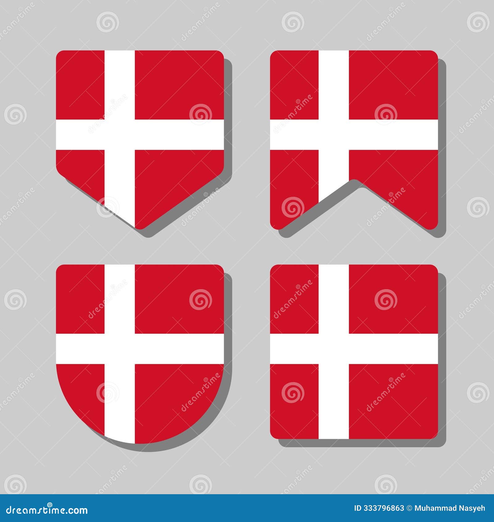 Set of Denmark Flags in Various Shapes on Gray Background. 3D Effect ...