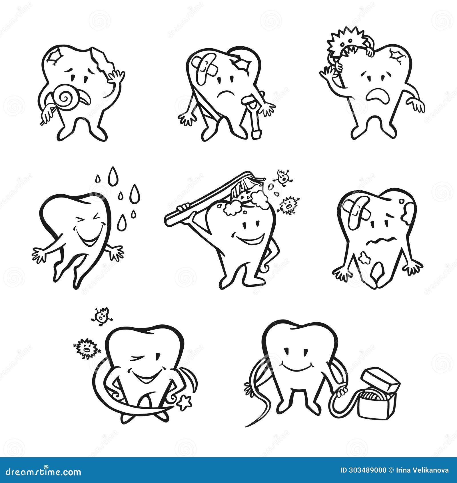 Set Of Dental Hygiene Characters Teeth, Outline Vector | CartoonDealer ...