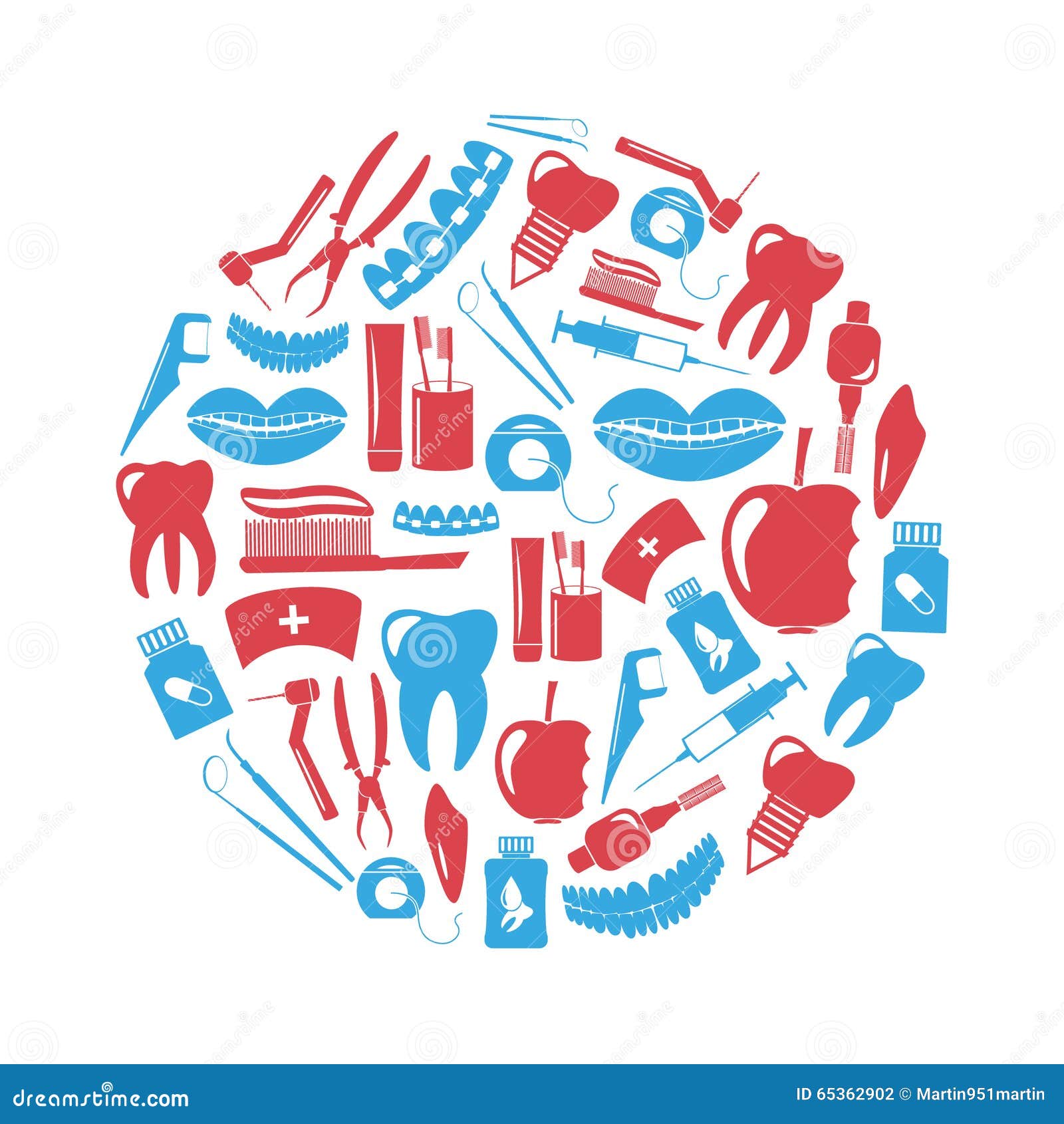 Set Of Dental Theme Red And Blue Icons In Circle Vector Illustration ...