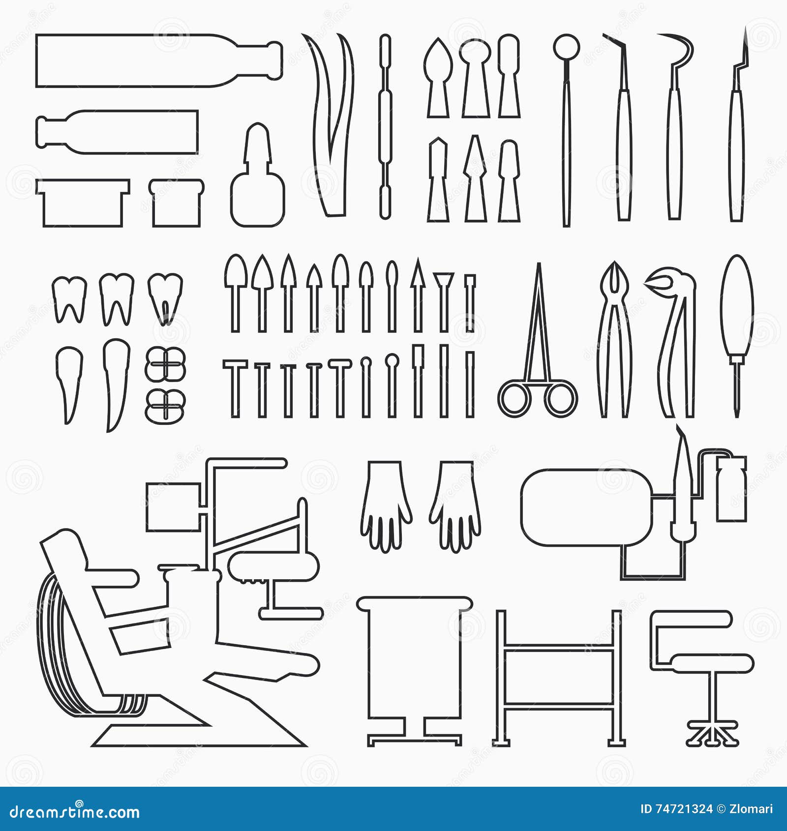 Set of Dentist Tools and Equipments. Dental Office, Implants in Black ...