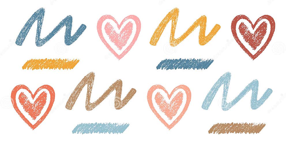 Set of Design Elements Hand-drawn Hearts and Scribbles of Different Colors. Stock Vector ...