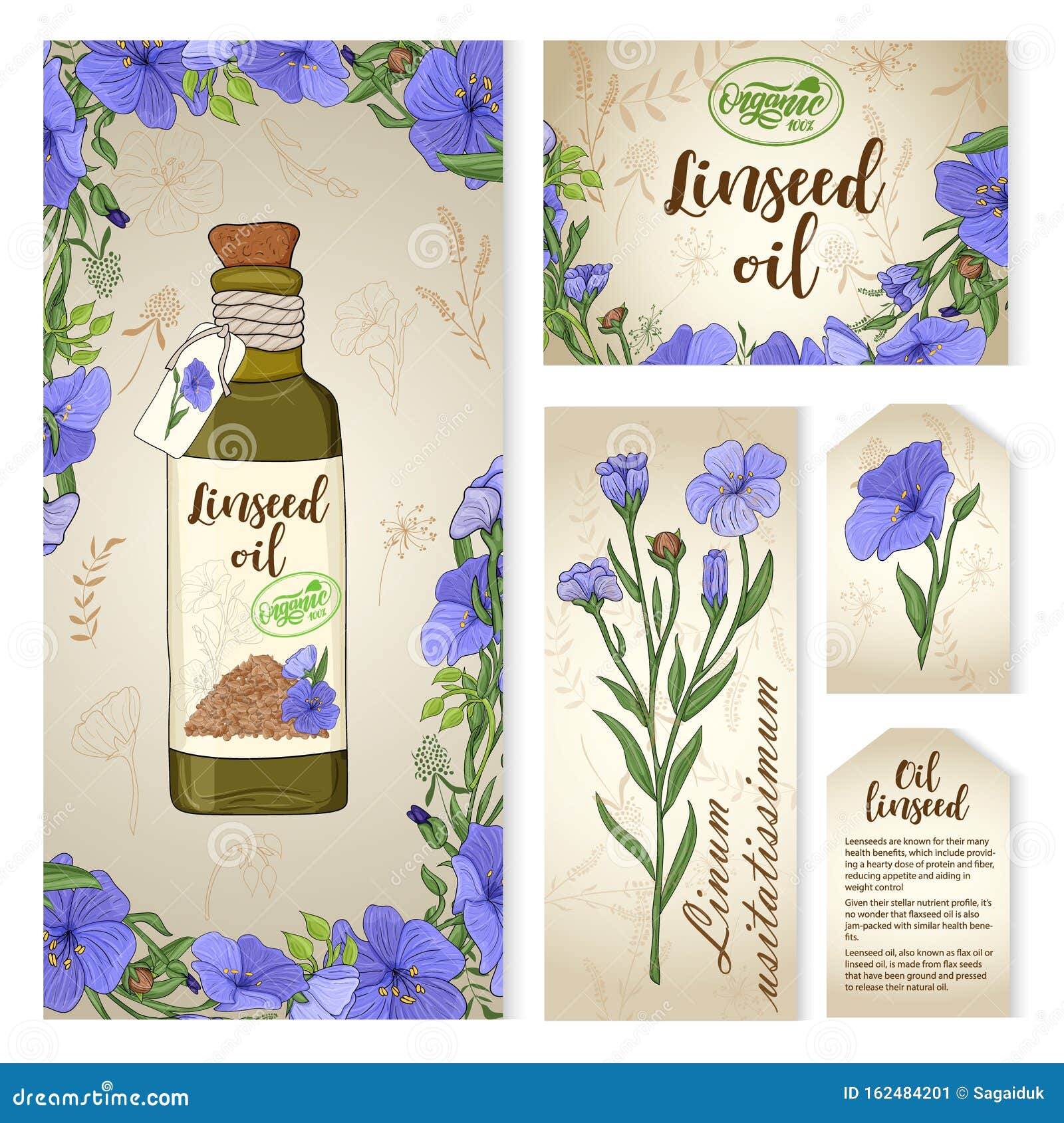 Set Of Design Elements For Packaging Design With A Bottle Of Linseed ...
