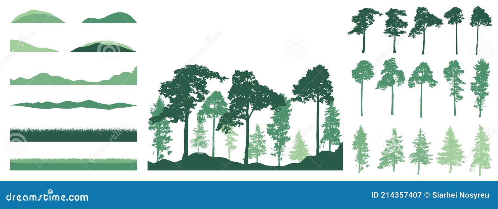 Set of Design Elements of Trees, Grass, Hill. Creation of Forest ...