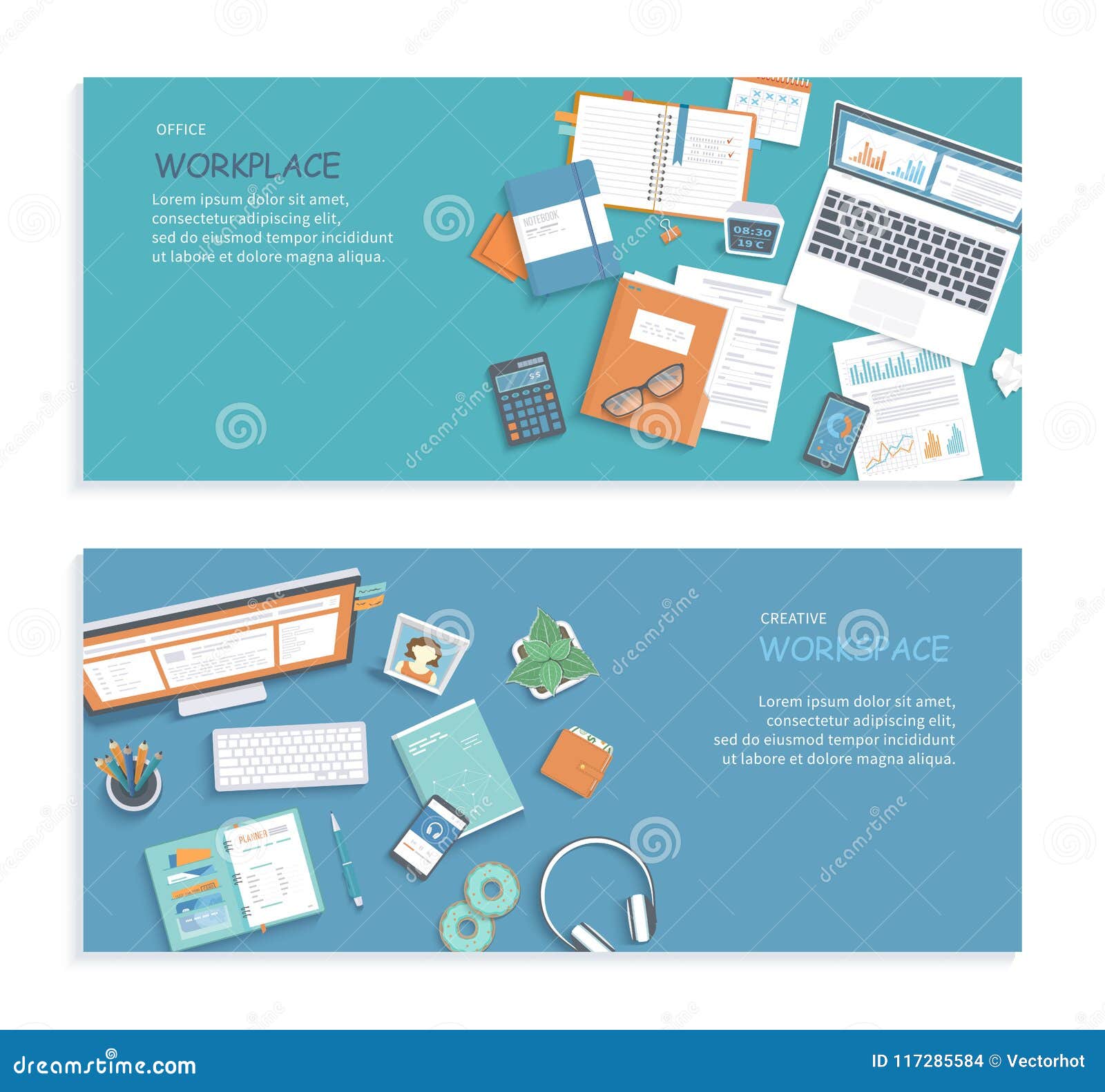 Set of Desktop Workplace Banners Backgrounds. Documents, Graphics ...