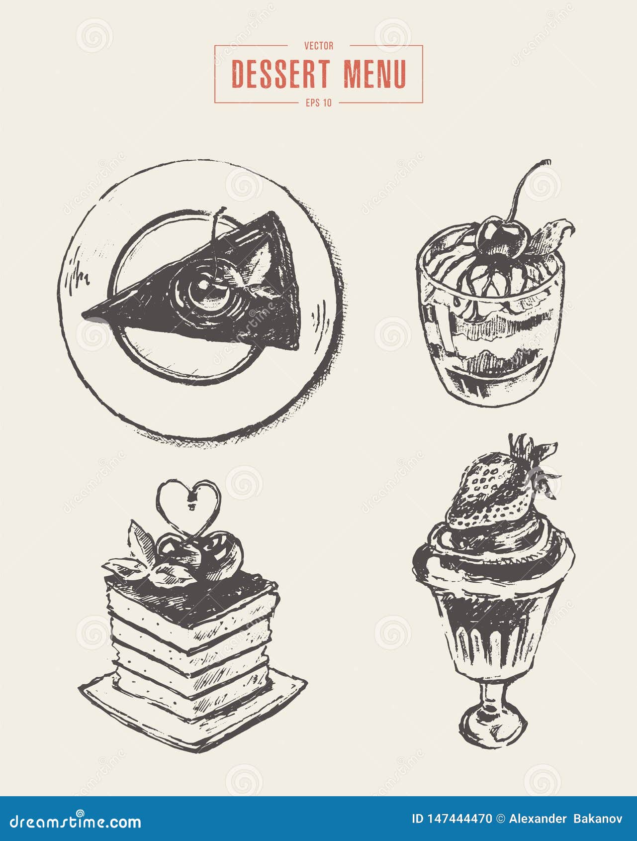 Set Dessert Design Elements Menu Hand Drawn Vector Stock Vector ...