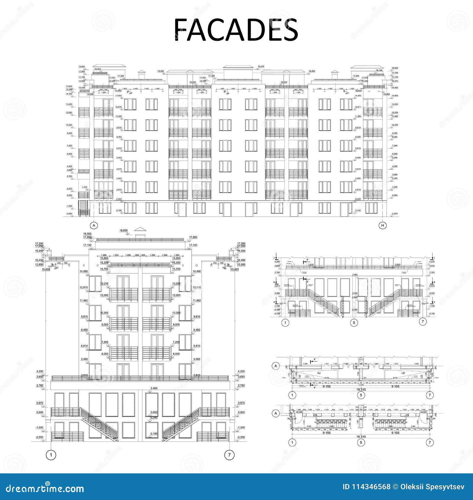 Set Of Detailed Facade Elements With Measurements, Architecture Vector ...