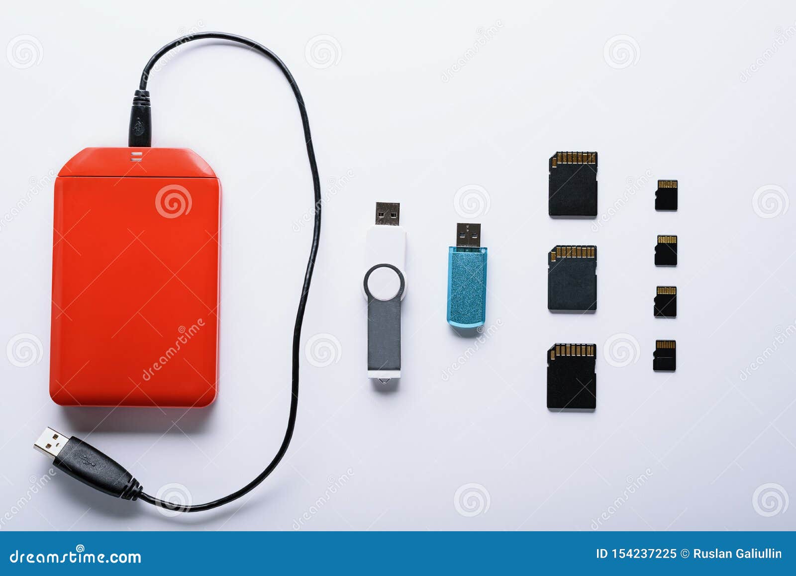Set of Devices for Data Storage. Hard Drive, USB Stick and SD Micro ...