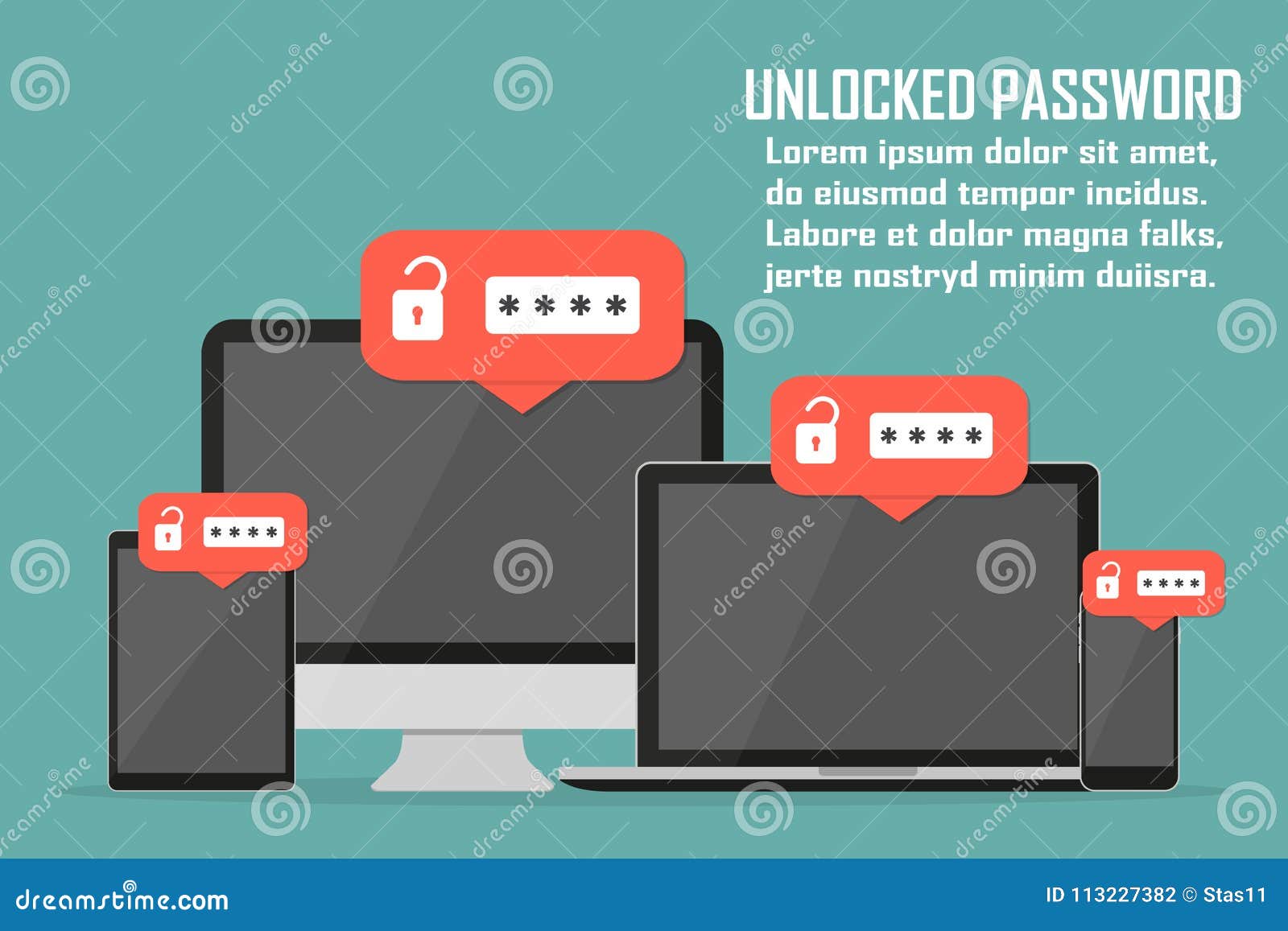 Set of Devices with Unlocked Password in a Flat Design Stock Vector ...