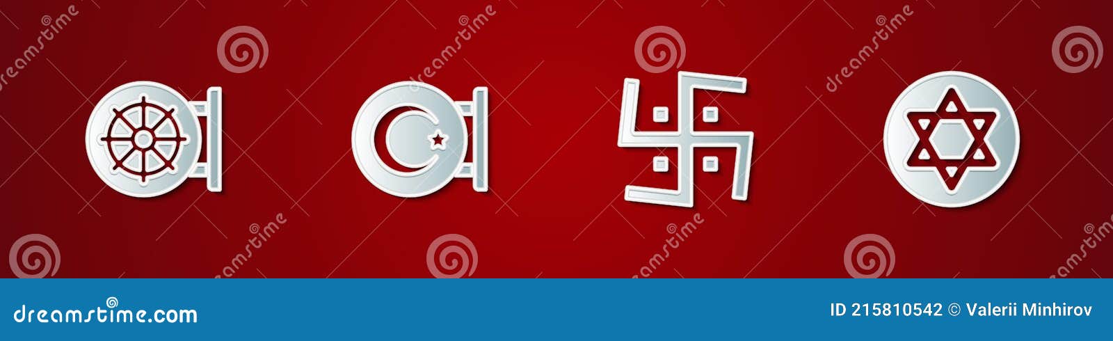 Set Dharma Wheel, Star and Crescent, Hindu Swastika and of David Icon ...