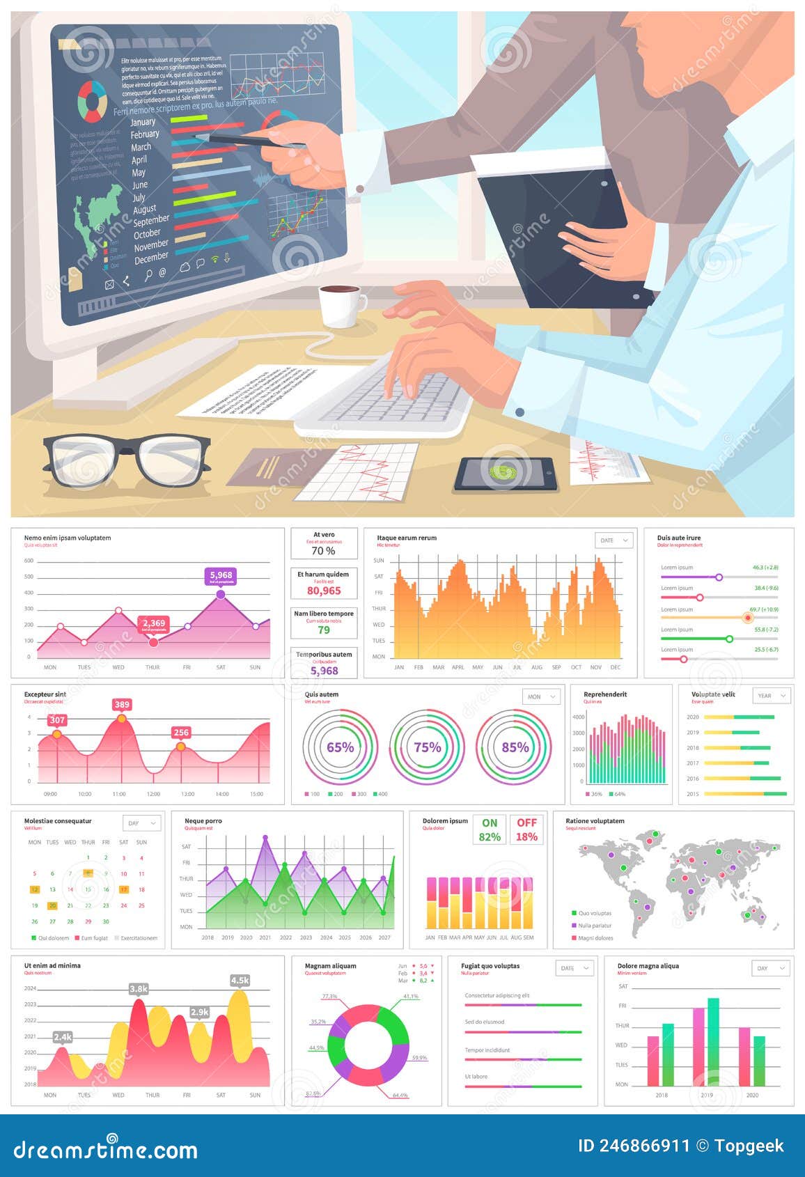 Set of Diagrams with Statistical Indicators and Data. People Analyse ...