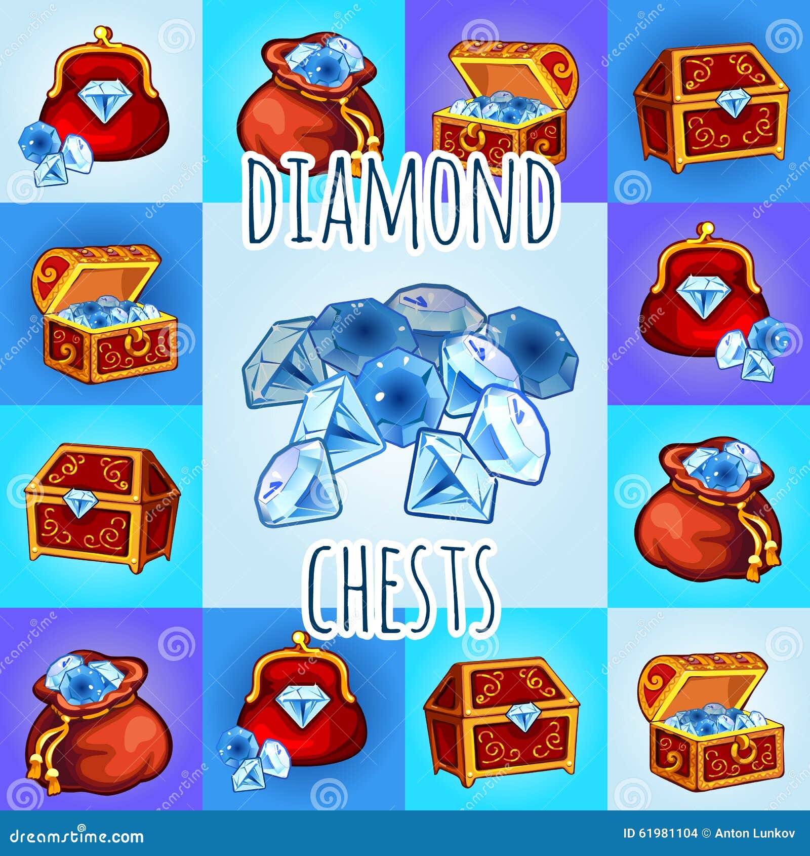 Set of Diamond Icon, Chest, Bag with Gemstone Stock Vector ...