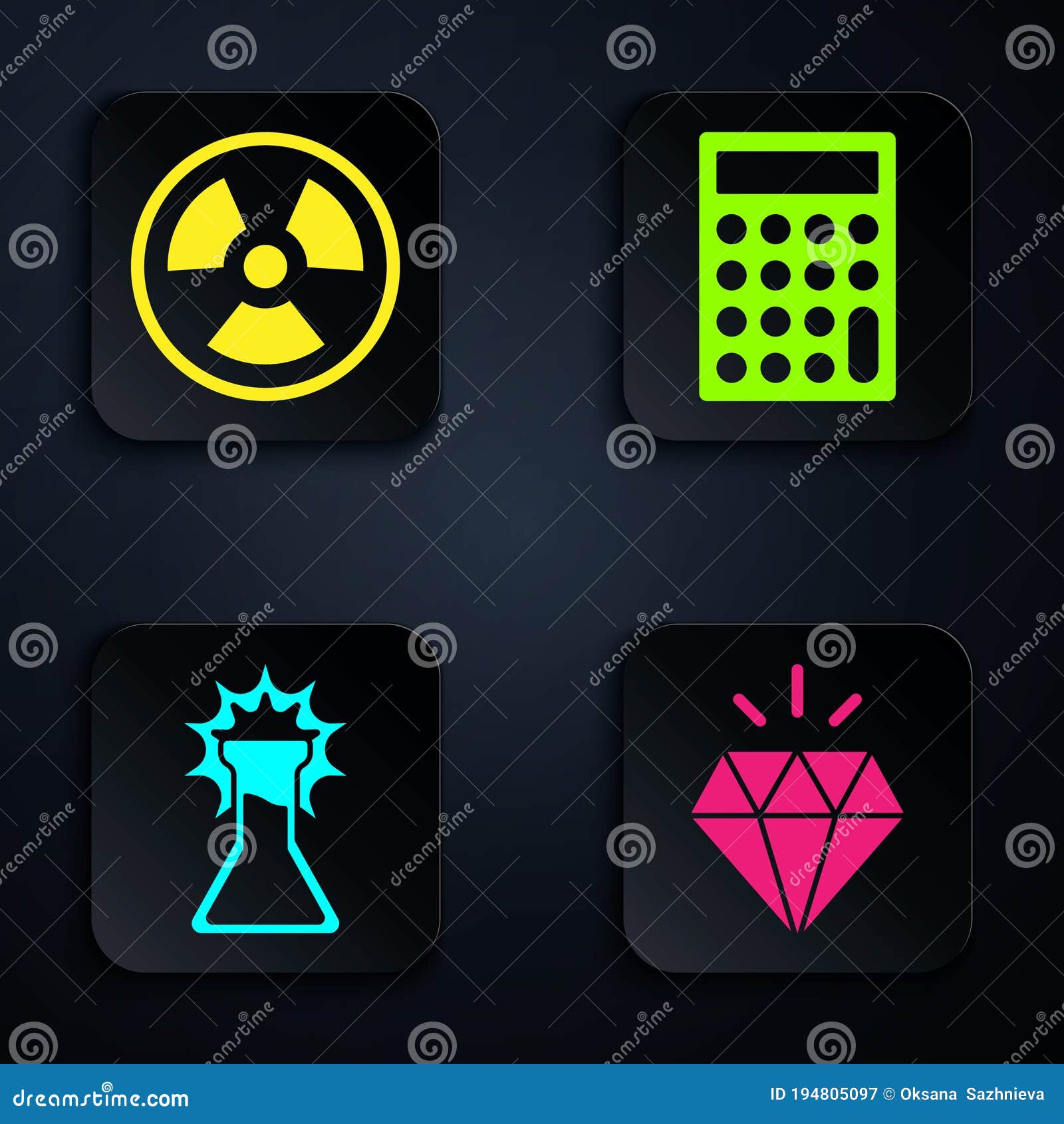 Set Diamond, Radioactive, Test Tube and Flask and Calculator. Black ...