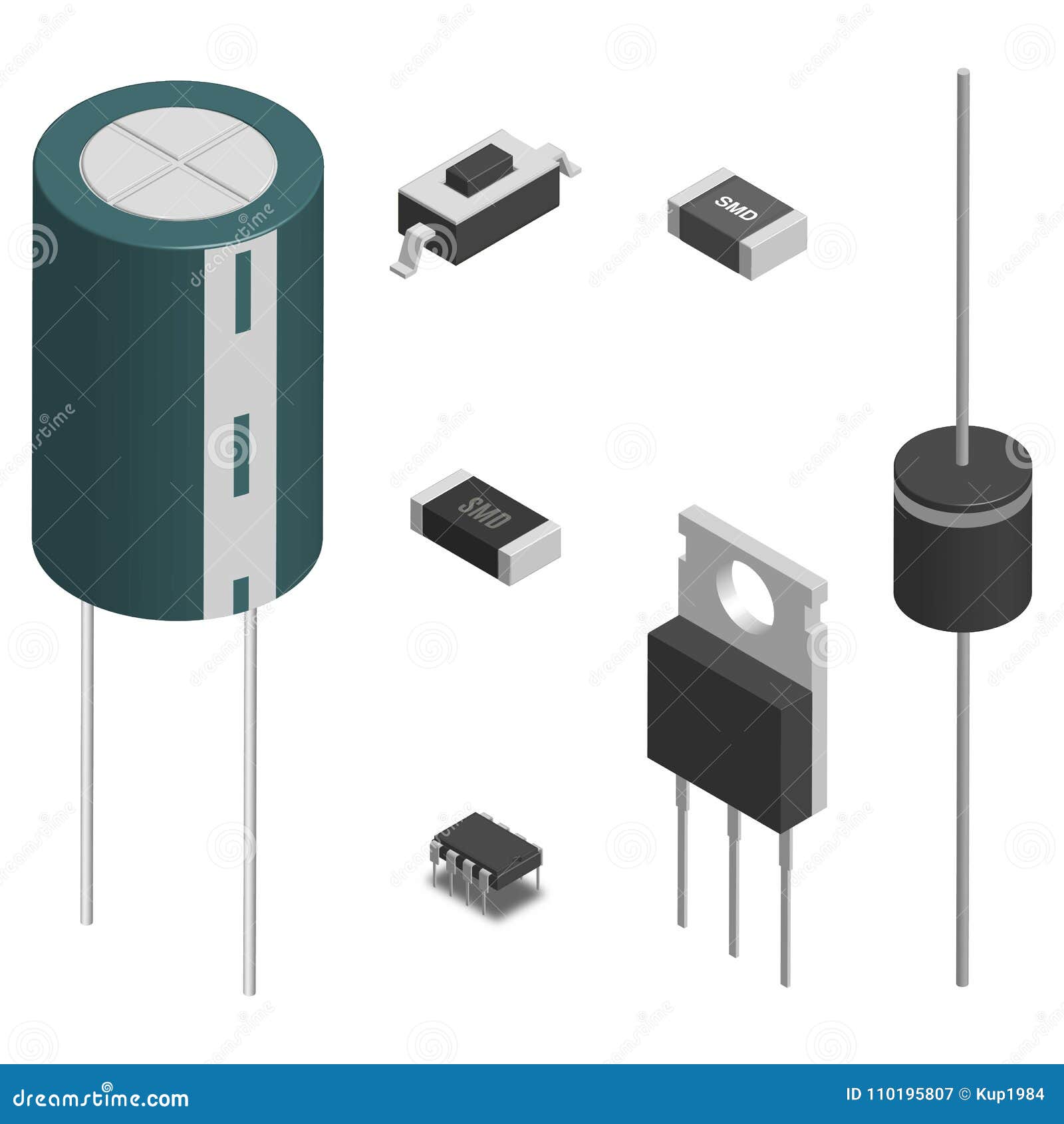 Set of Different Electronic Components in 3D, Vector Illustration ...