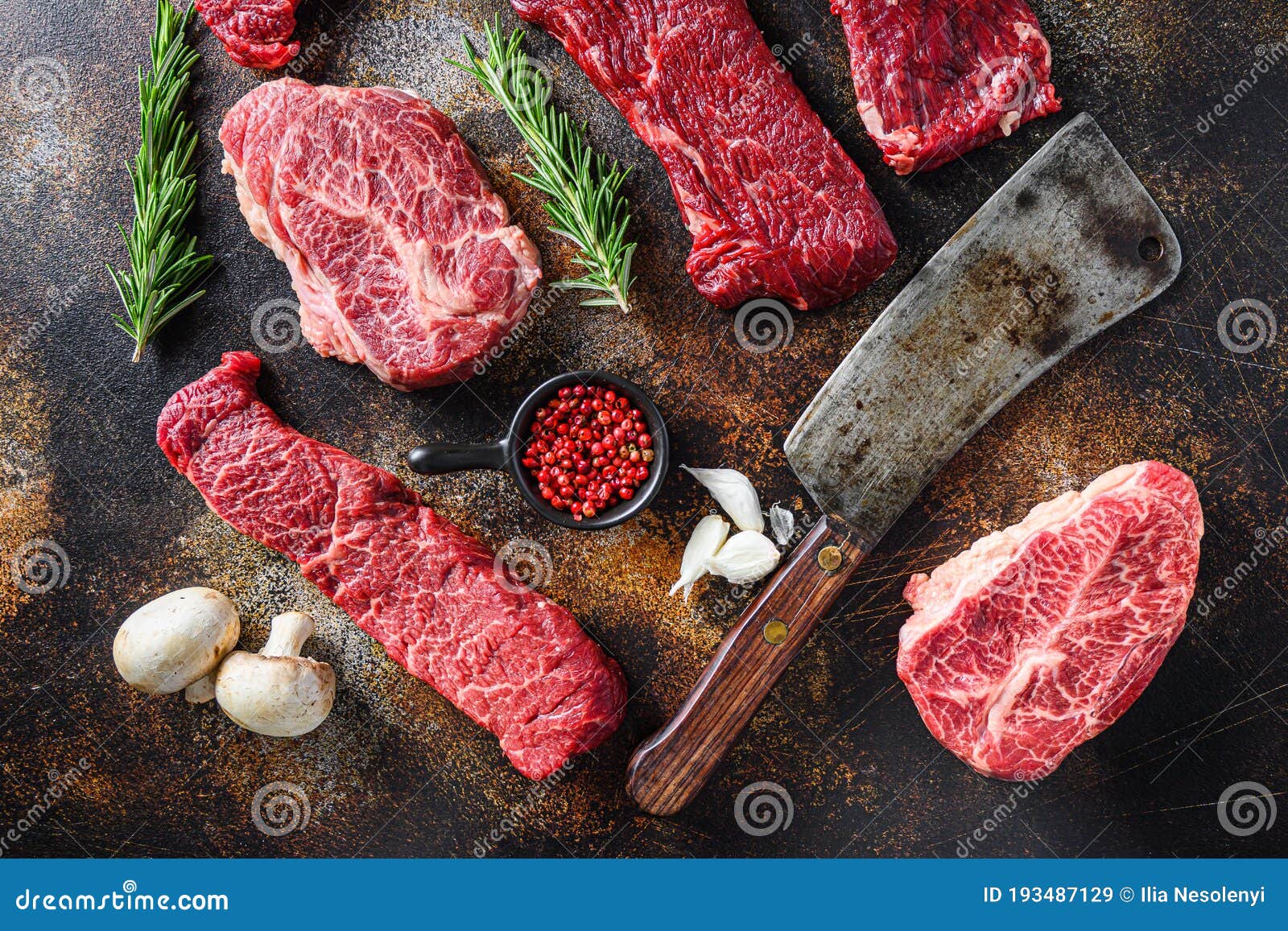 Set of Different Alternative Types of Raw Beef Steaks,with Butcher ...