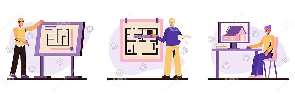 Set of Different Architects Working on Project. Architects Draw Plan ...