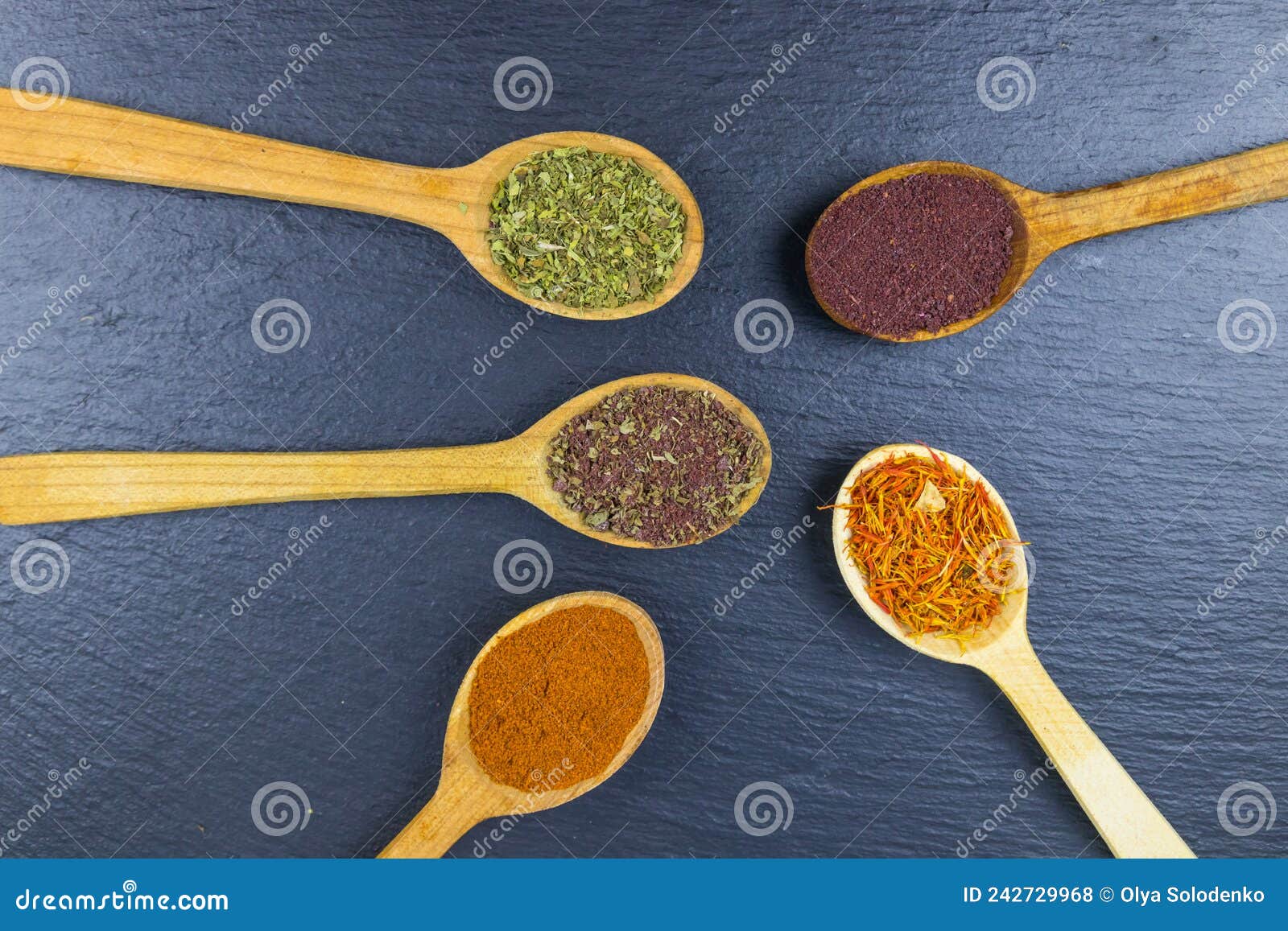 Set of Different Aromatic Spices on Black Slate. Top View Stock Photo ... Set of Different Aromatic Spices on Black Slate. Top View Stock Photo ...