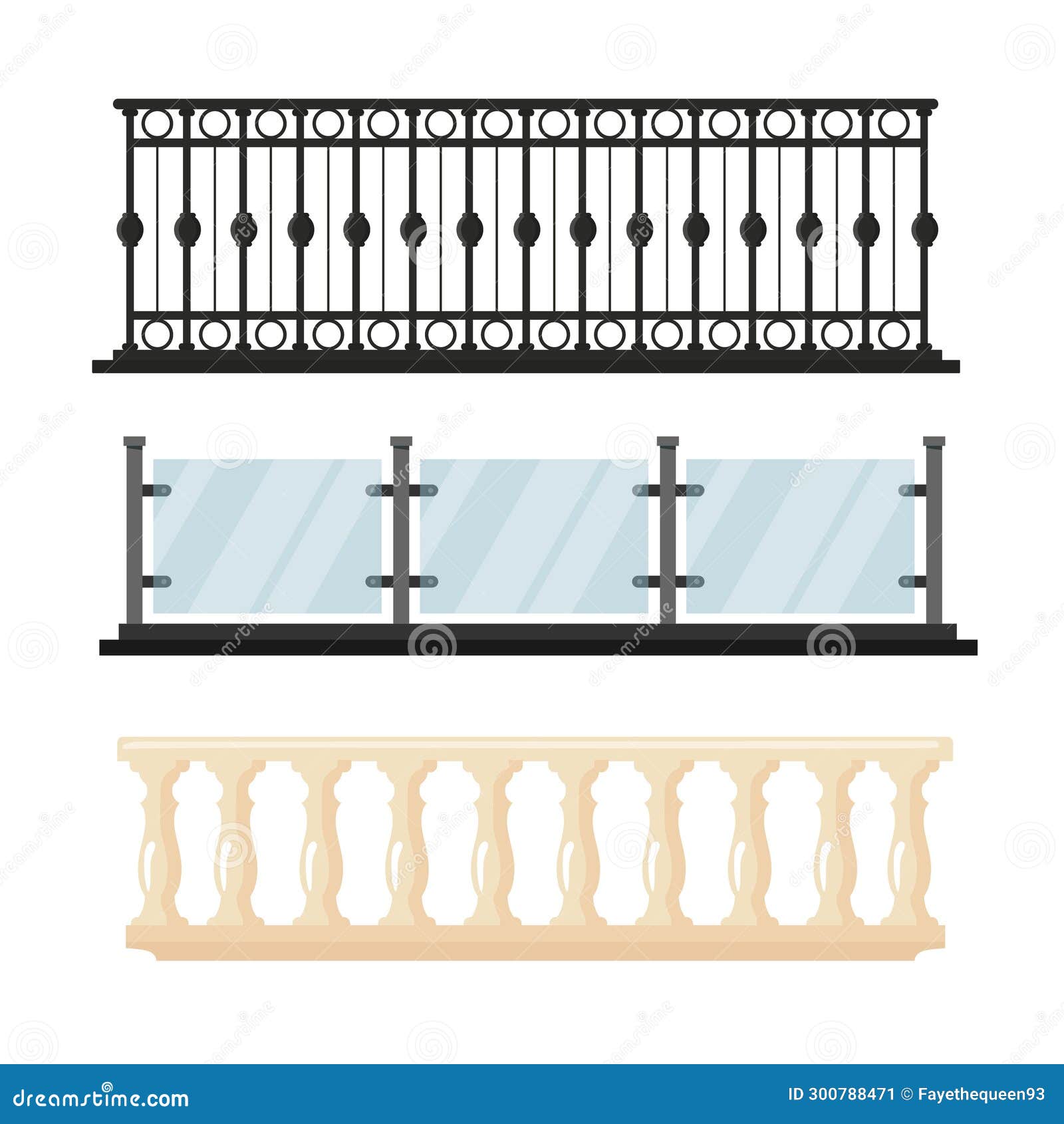 Set of Different Balcony Railing Isolated on White Background. Stock ...
