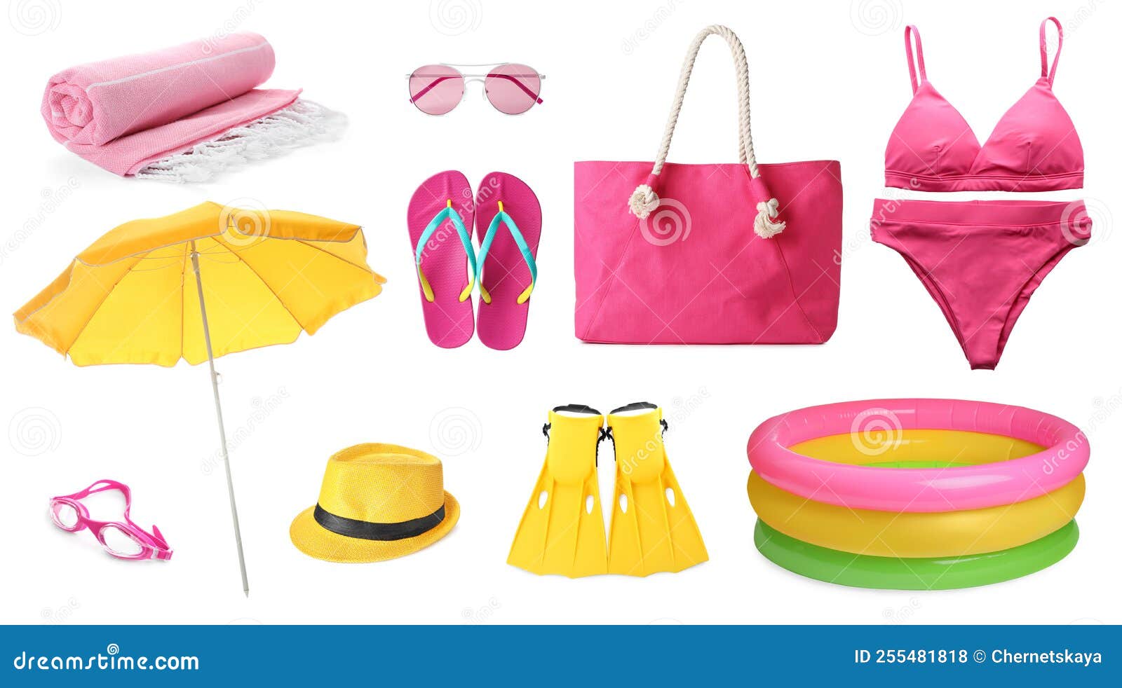 Set with Different Beach Accessories on White Background Stock Photo ...