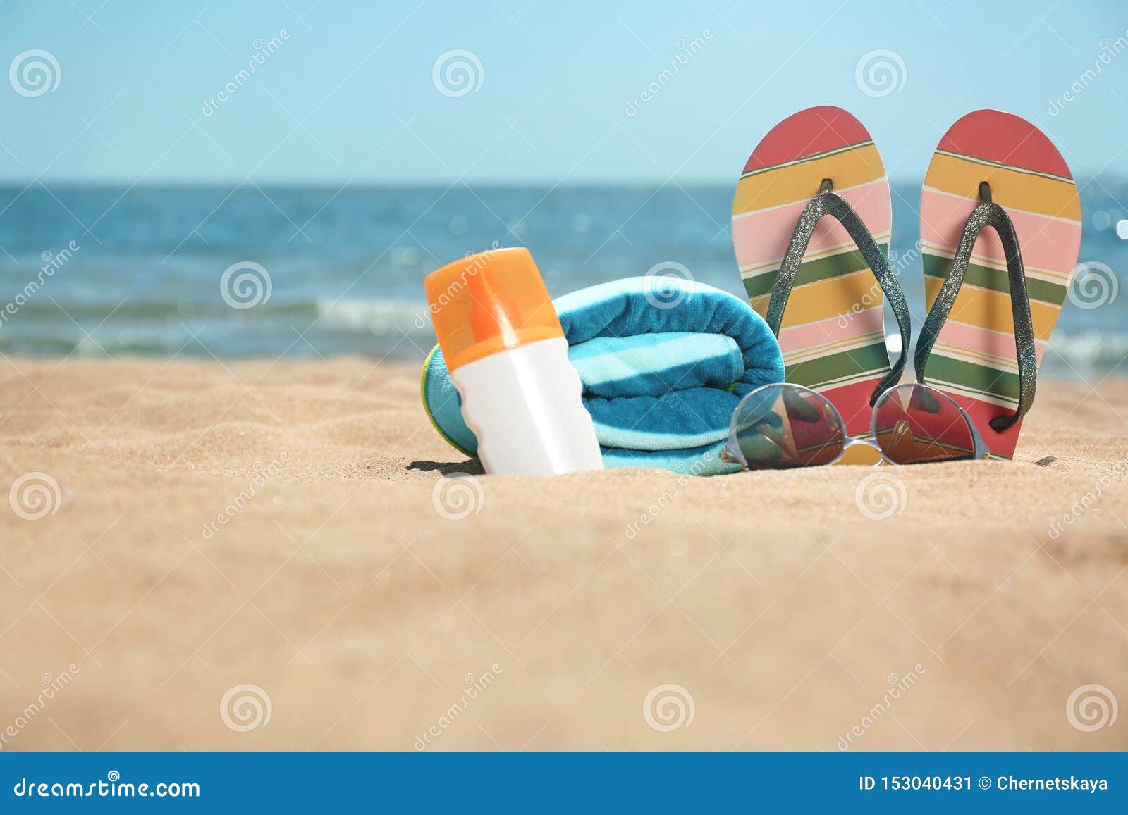 Set of Different Beach Objects on Sand Near Sea Stock Image - Image of ...