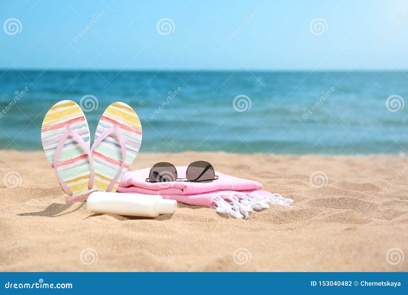 Set of Different Beach Objects on Sand Near Sea Stock Photo - Image of ...