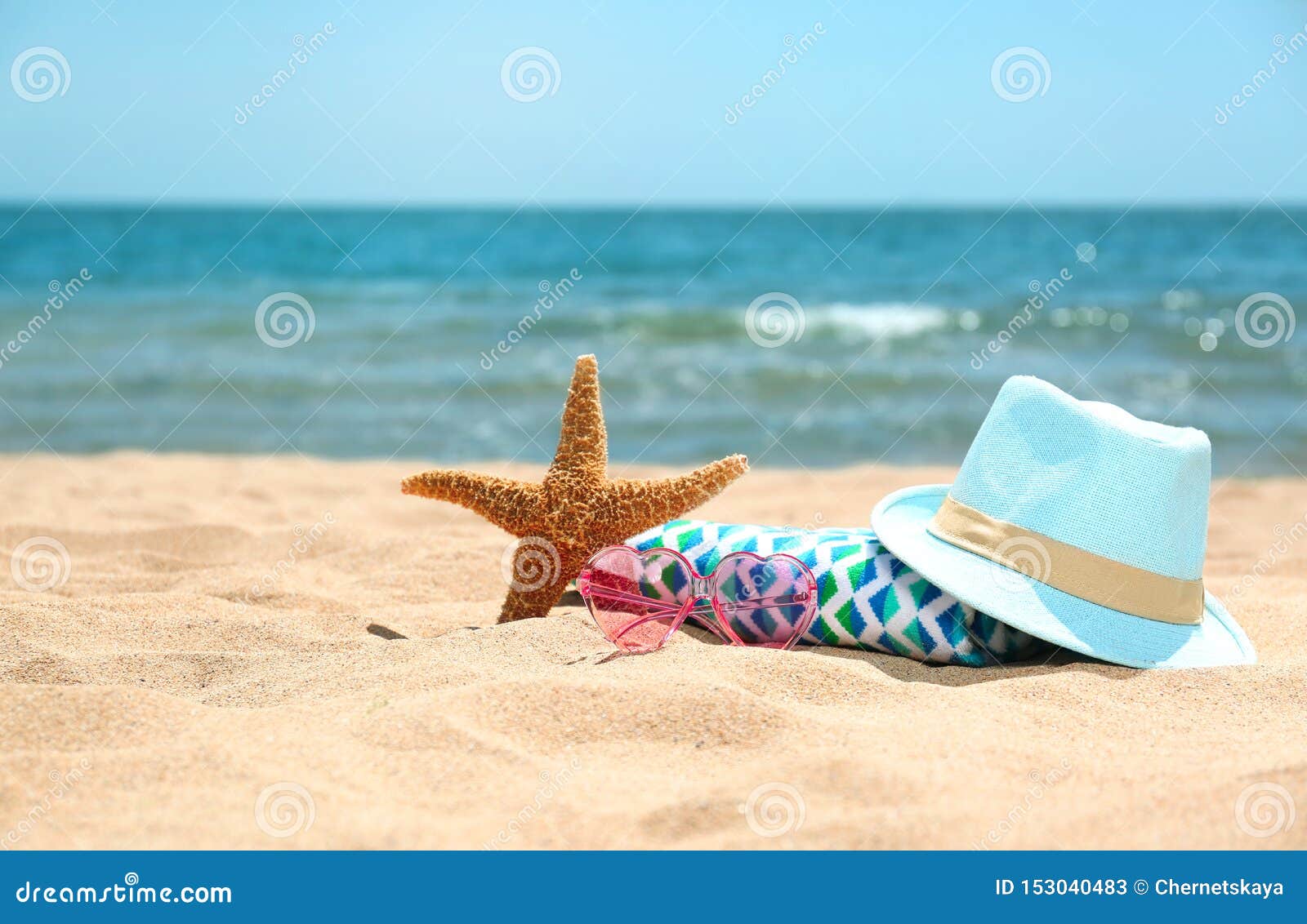 Set of Different Beach Objects on Sand Near Sea Stock Image - Image of ...