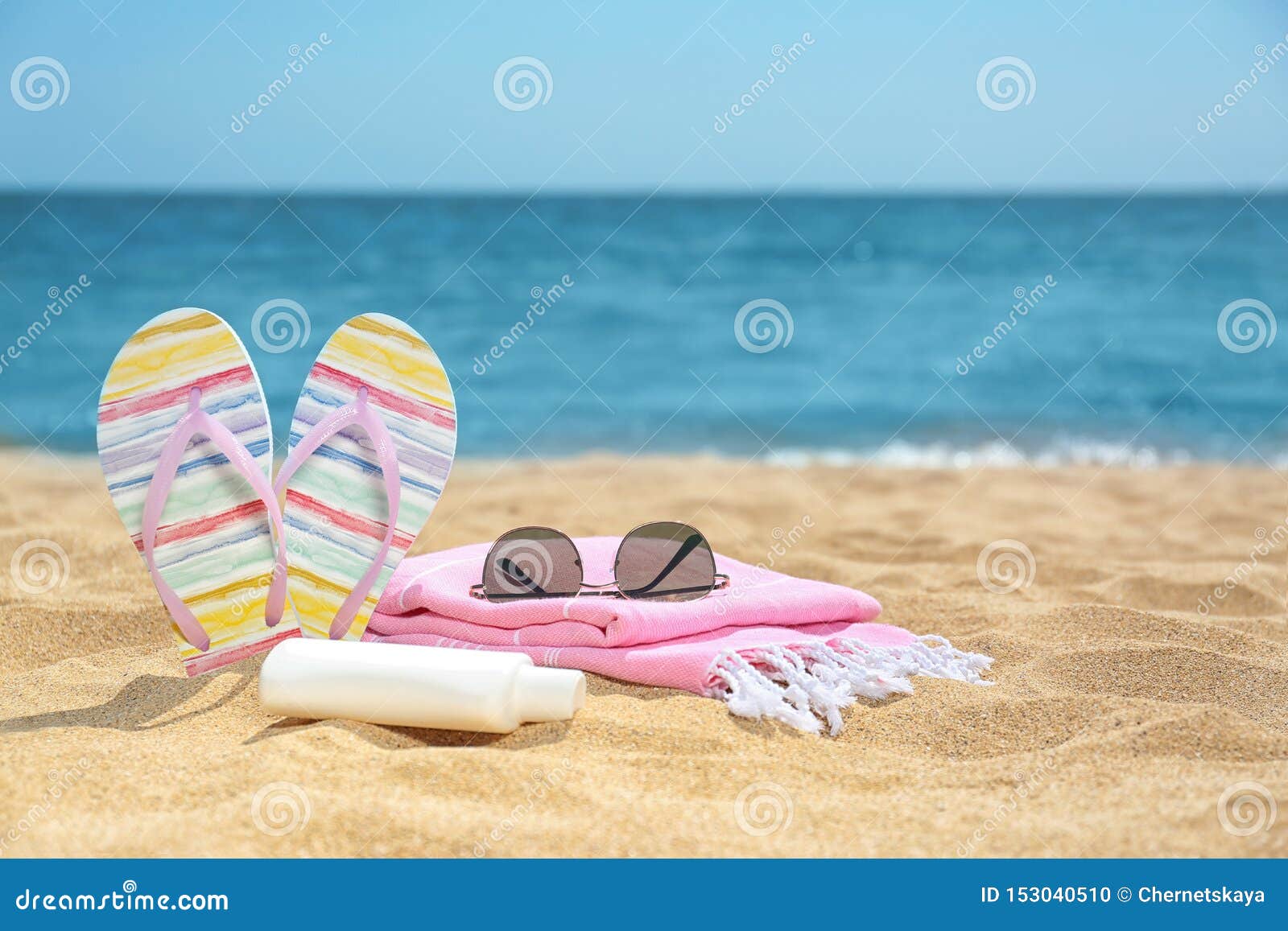 Set of Different Beach Objects on Sand Near Sea Stock Photo - Image of ...