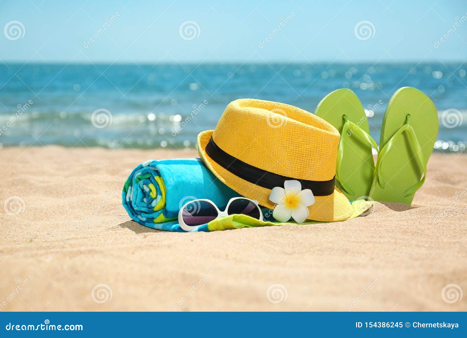 Set of Different Beach Objects on Sand Near Sea. Space for Stock Image ...