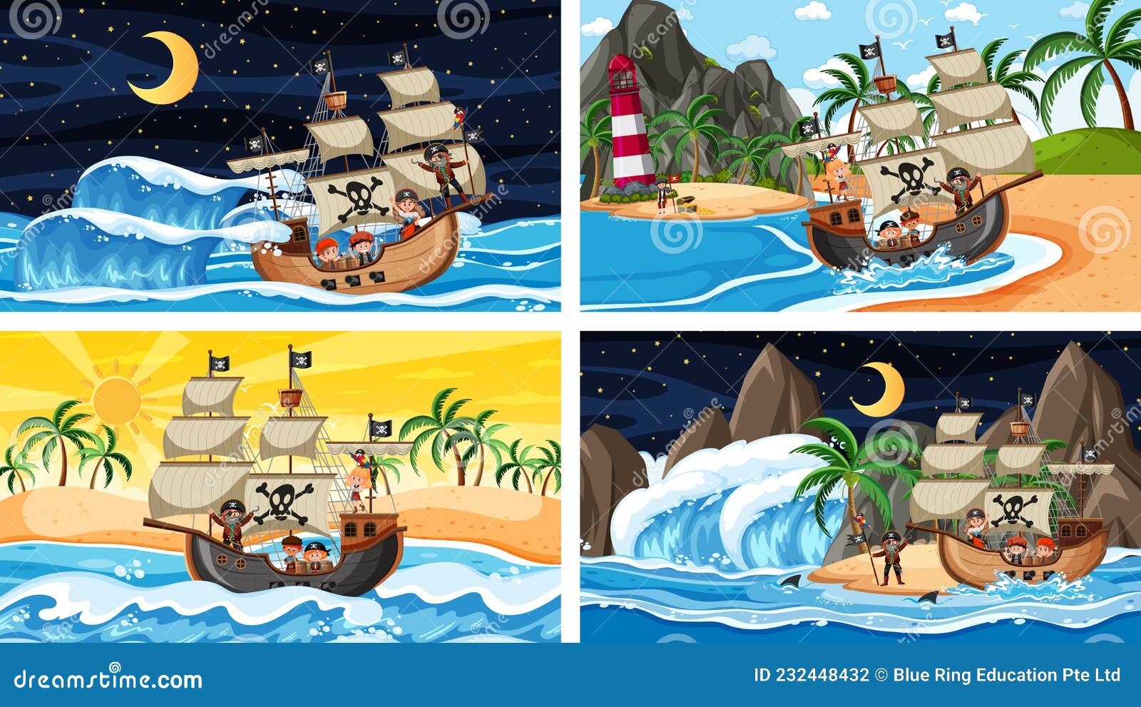 Set of Different Beach Scenes with Pirate Ship and Pirate Cartoon ...
