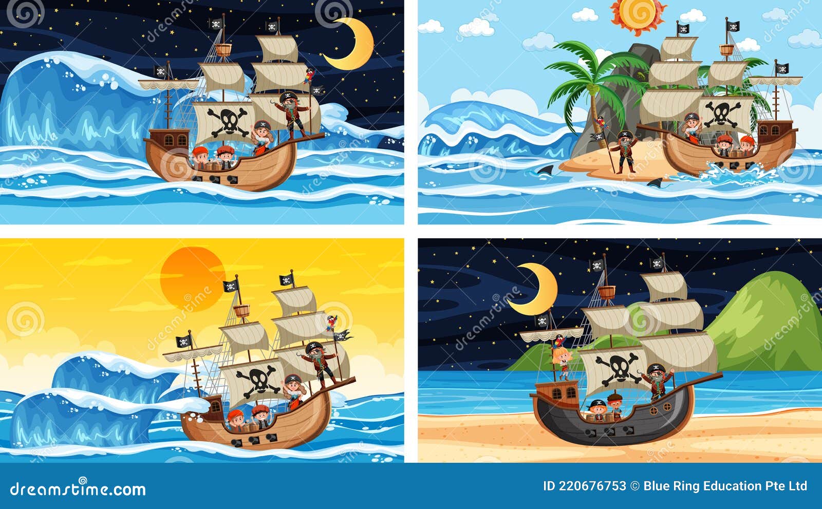 Set of Different Beach Scenes with Pirate Ship Stock Illustration ...