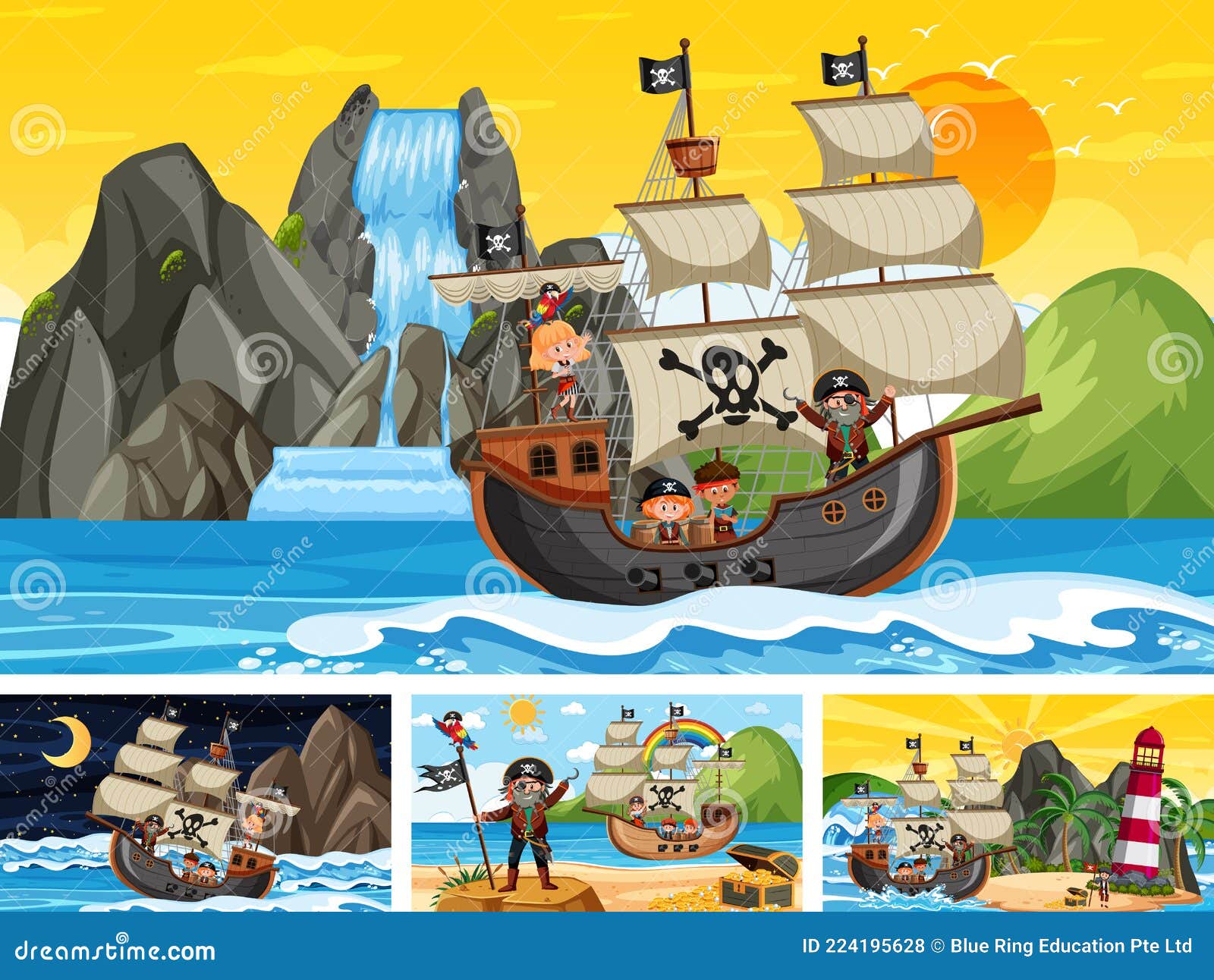 Set of Different Beach Scenes with Pirate Ship Stock Vector ...