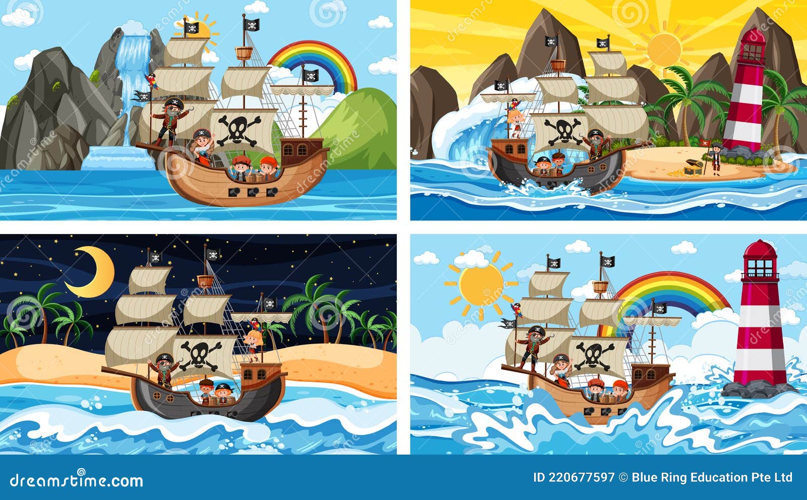 Set of Different Beach Scenes with Pirate Ship Stock Illustration ...