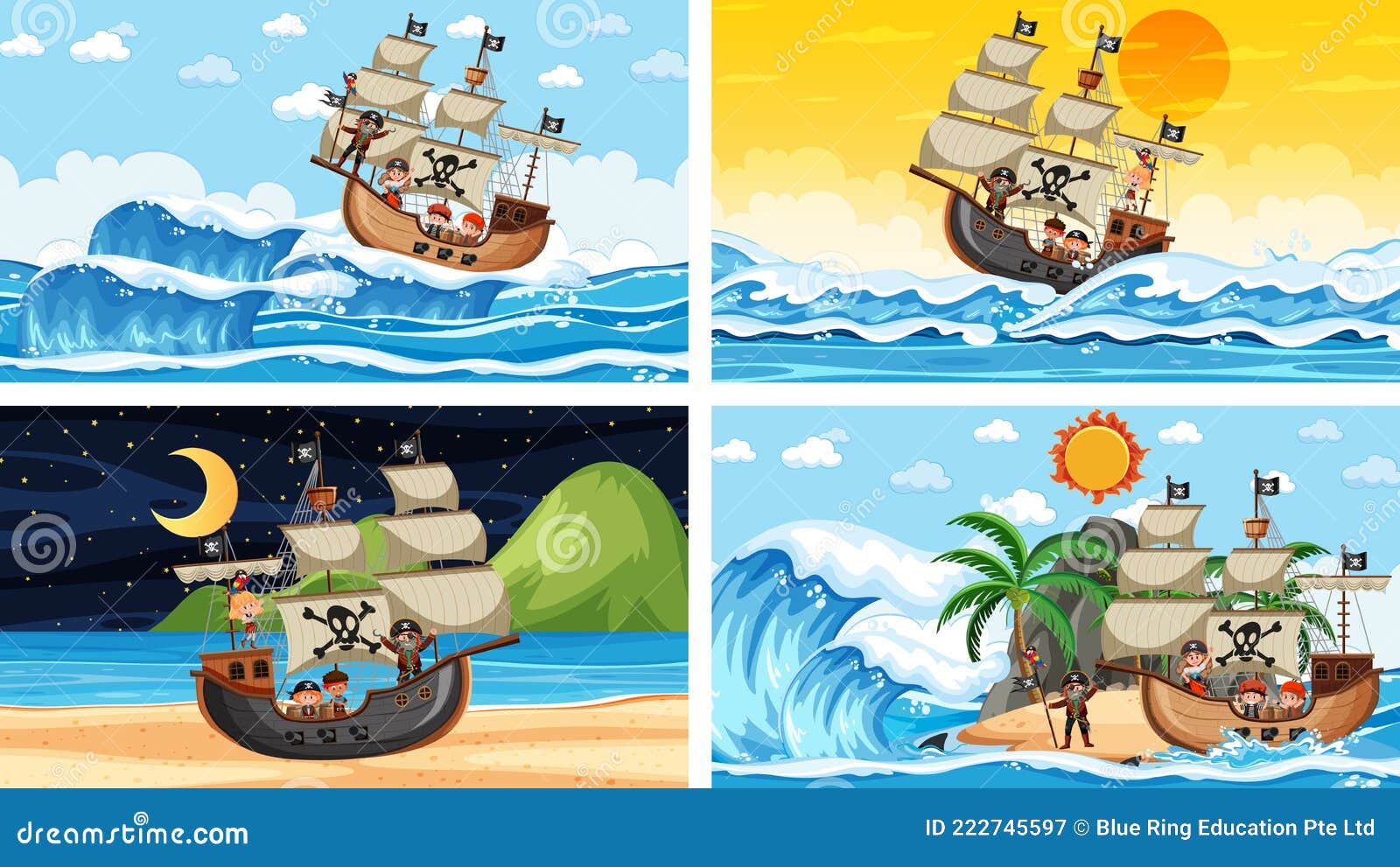 Set of Different Beach Scenes with Pirate Ship Stock Vector ...