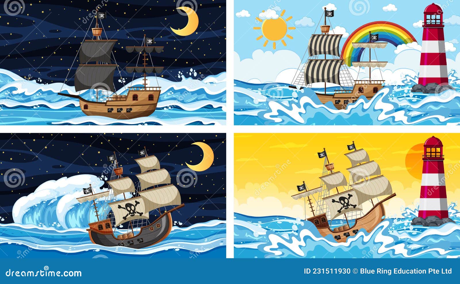 Set of Different Beach Scenes with Pirate Ship Stock Vector ...