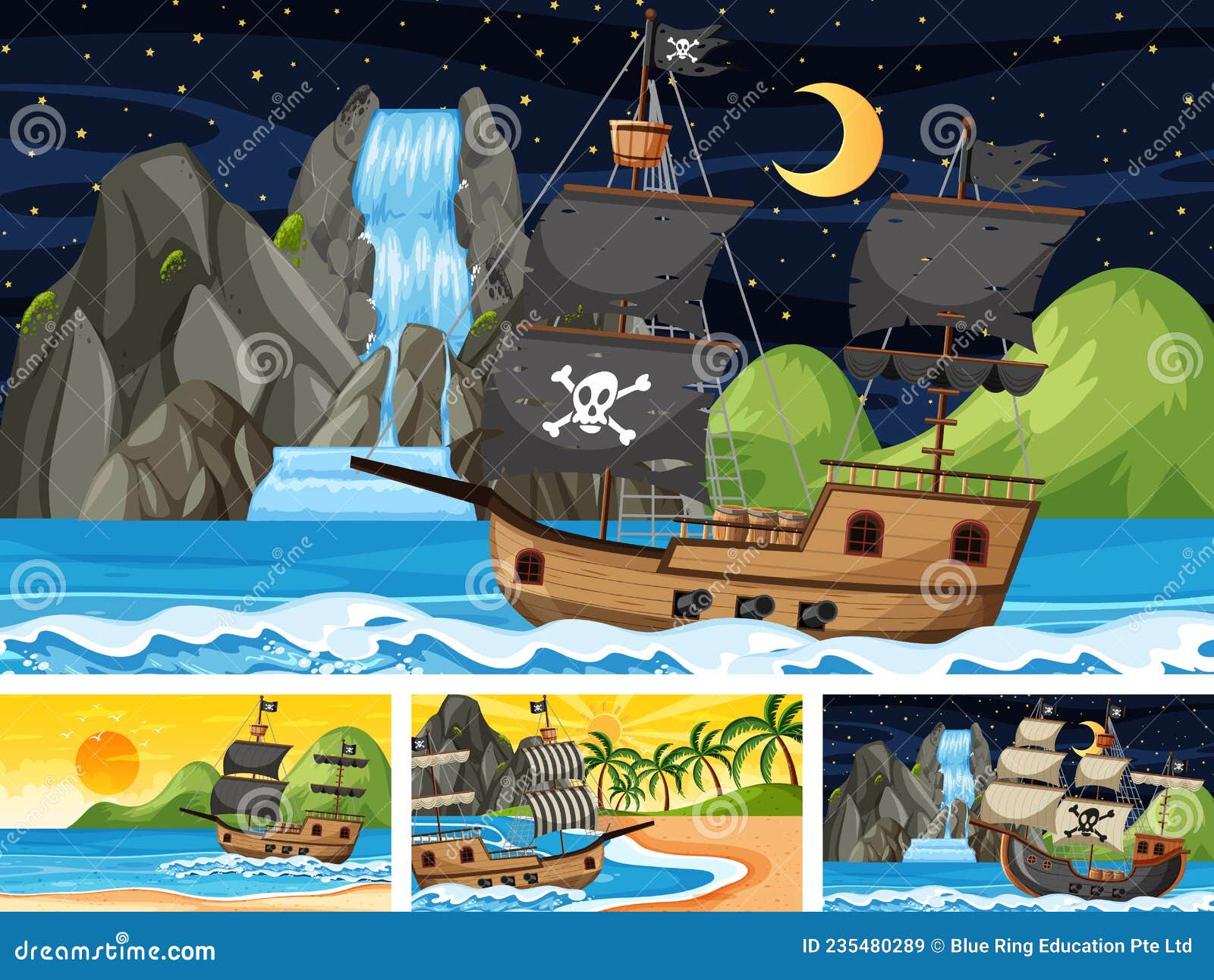 Set of Different Beach Scenes with Pirate Ship Stock Vector ...