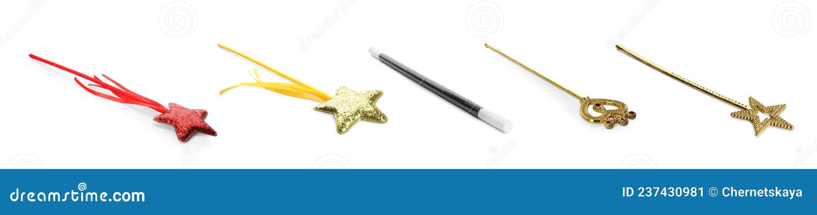 Set with Different Beautiful Magic Wands on White Background. Banner ...